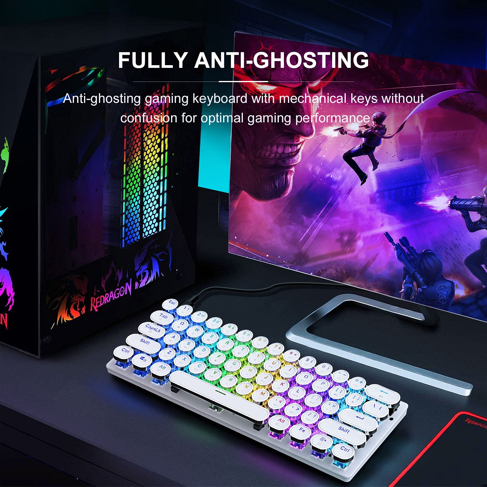 STOGA 60% Mechanical Keyboard, Gaming Keyboard for PC, Wired Mini White keyboaed Compact RGB LED Backlit, Retro Computer Keyboard Typewriter Style Round Keycap for PC Gamer/Office, 61 Keys