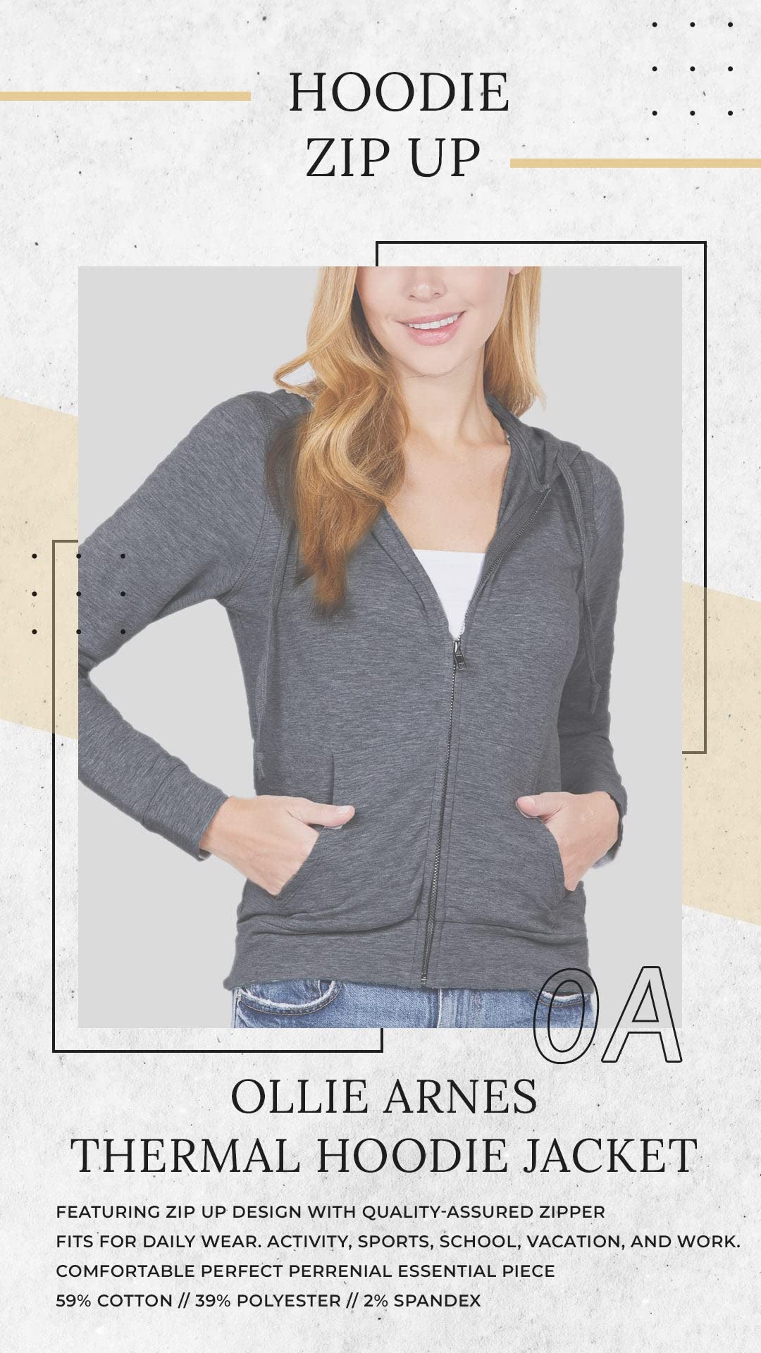 OLLIE ARNES Women's Thermal Long Zip Up Hoodie Jacket Sweatshirt Tops Black L