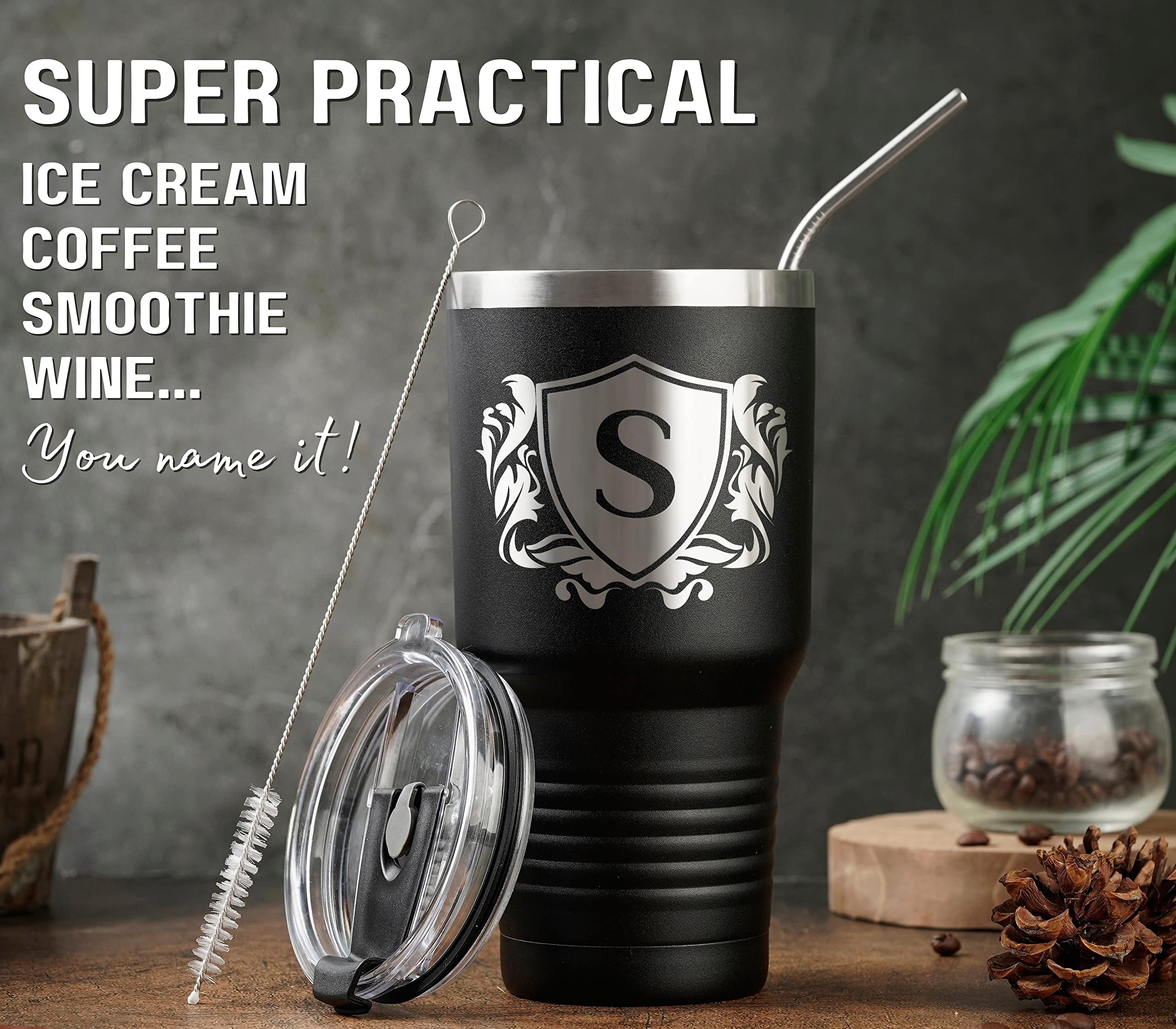 Onebttl Personalized Gifts for Men with Initial J, Monogrammed Travel Tumbler for Him, Custom Coffee Cups, Unique Birthday Christmas Gifts for Men who Have Everything, Black, 30oz