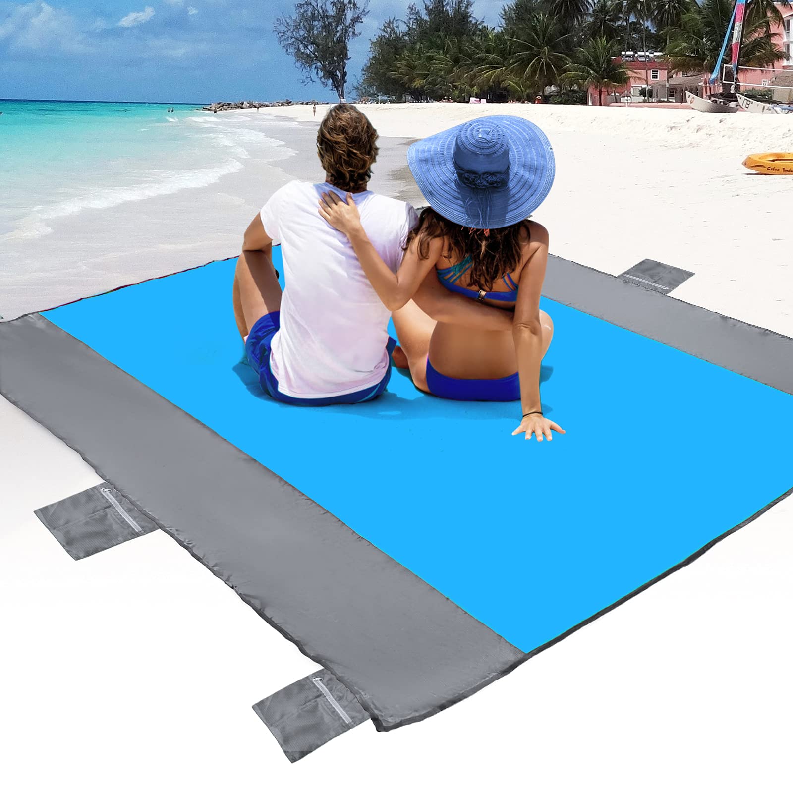 POPCHOSE Beach Blanket, Sandfree Beach Mat 108"x85.2"/83"x78" for 7 Persons, Extra Large Beach Blanket Waterproof Sandproof with 6 Stakes, Easy to Clean, Lightweight Compact Beach Accessories