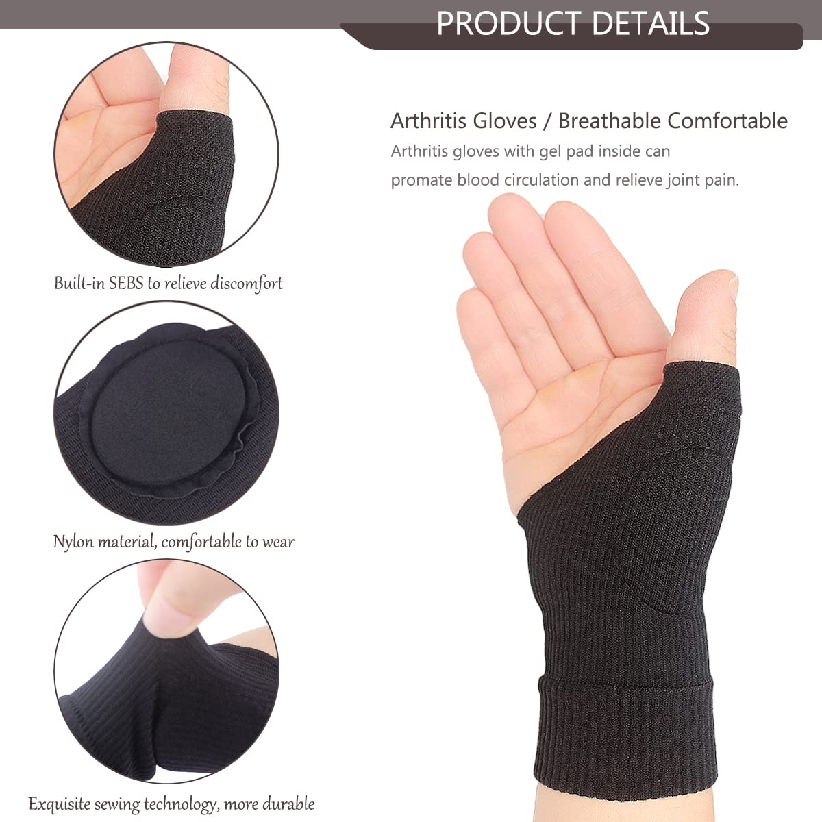 YUNYILAN Thumb Arthritis Compression Gloves(1 Pair), Elastic Compression Glove with Soft Gel Pads, Comfortable Carpal Tunnel Sleeve for Arthritis, Joint Pain, Tendonitis, Sprains (Black, Medium)