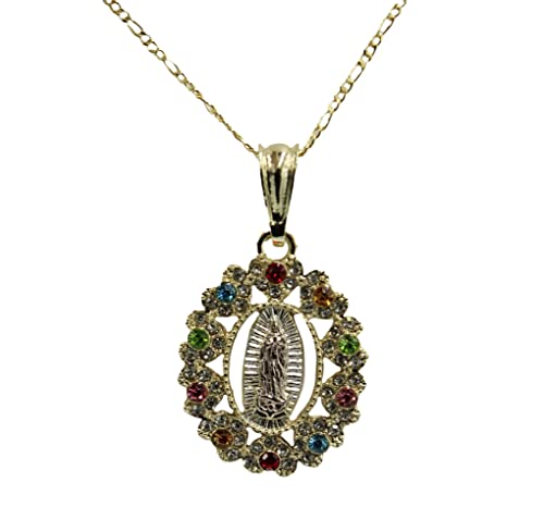Virgen De Guadalupe Medal with Rhinestone 18k Gold Plated with 20 inch Chain