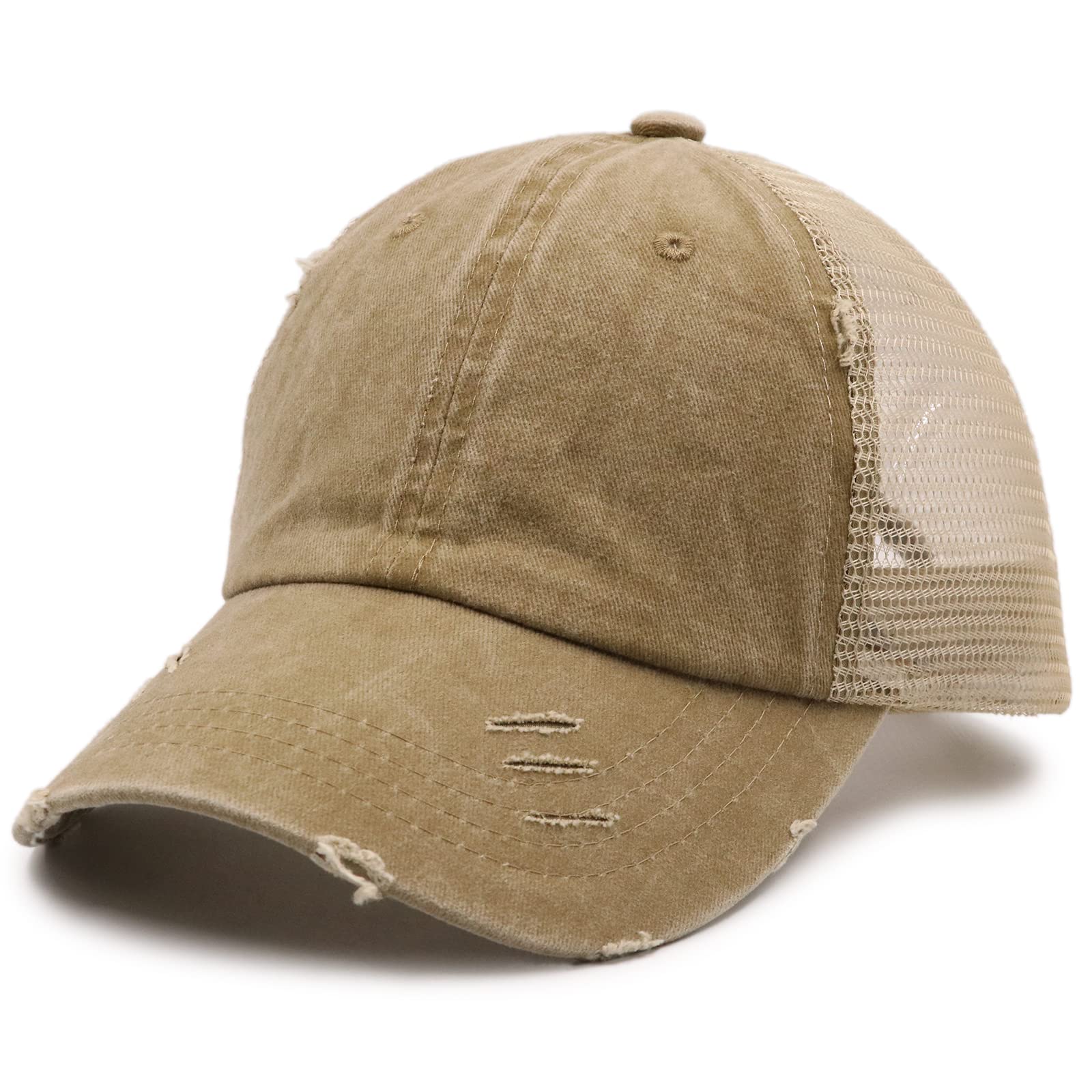ProMindFun Womens Ponytail High Messy Bun Hats Distressed Baseball Caps Unconstructed Washed Dad Hat Girls Trucker Ponycaps (03-Light Khaki)