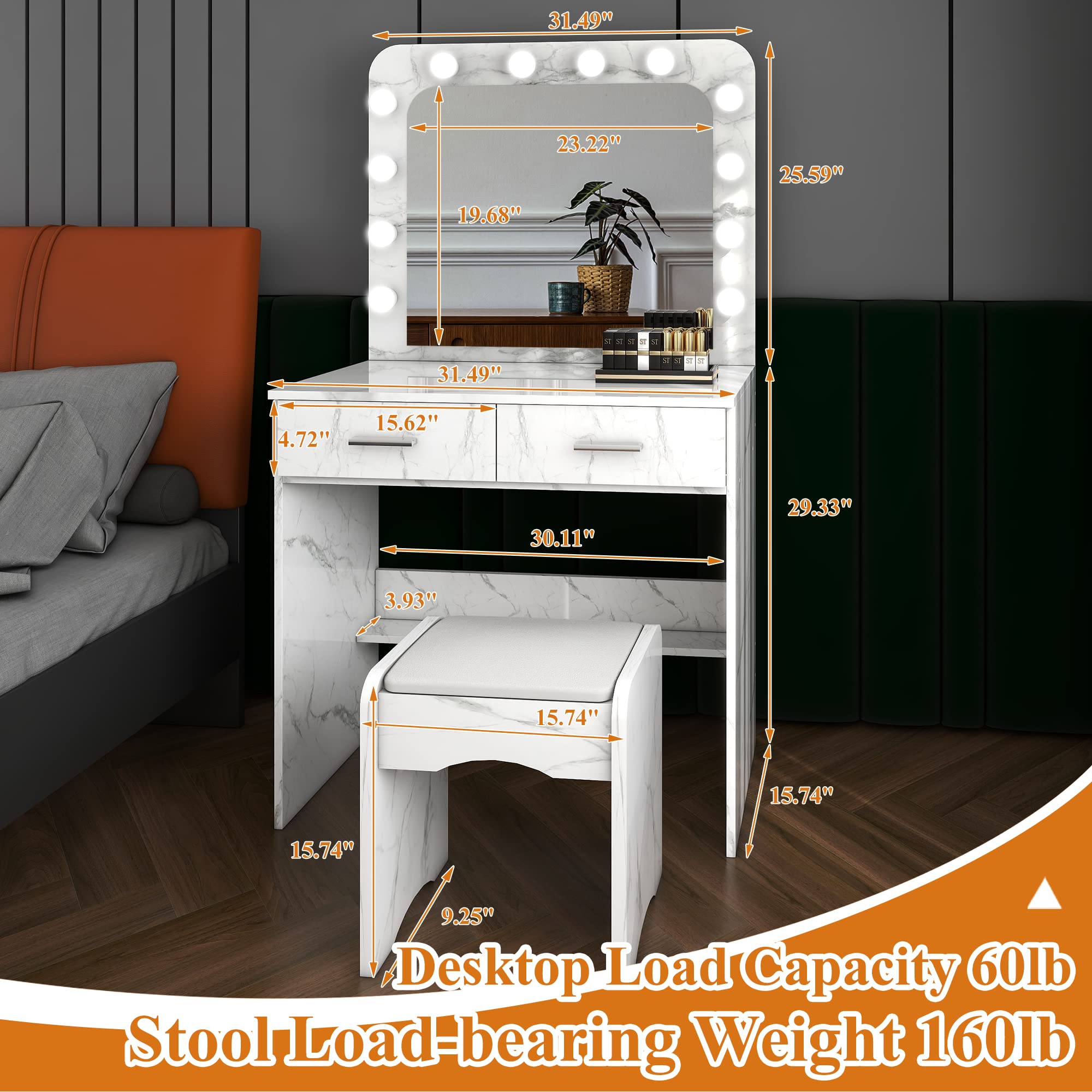 NeuType Makeup Vanity , Desk with Mirror, Lights and Table Set, White 2 Drawers Vanity Set with 12 Light Bulbs, Marble Pattern