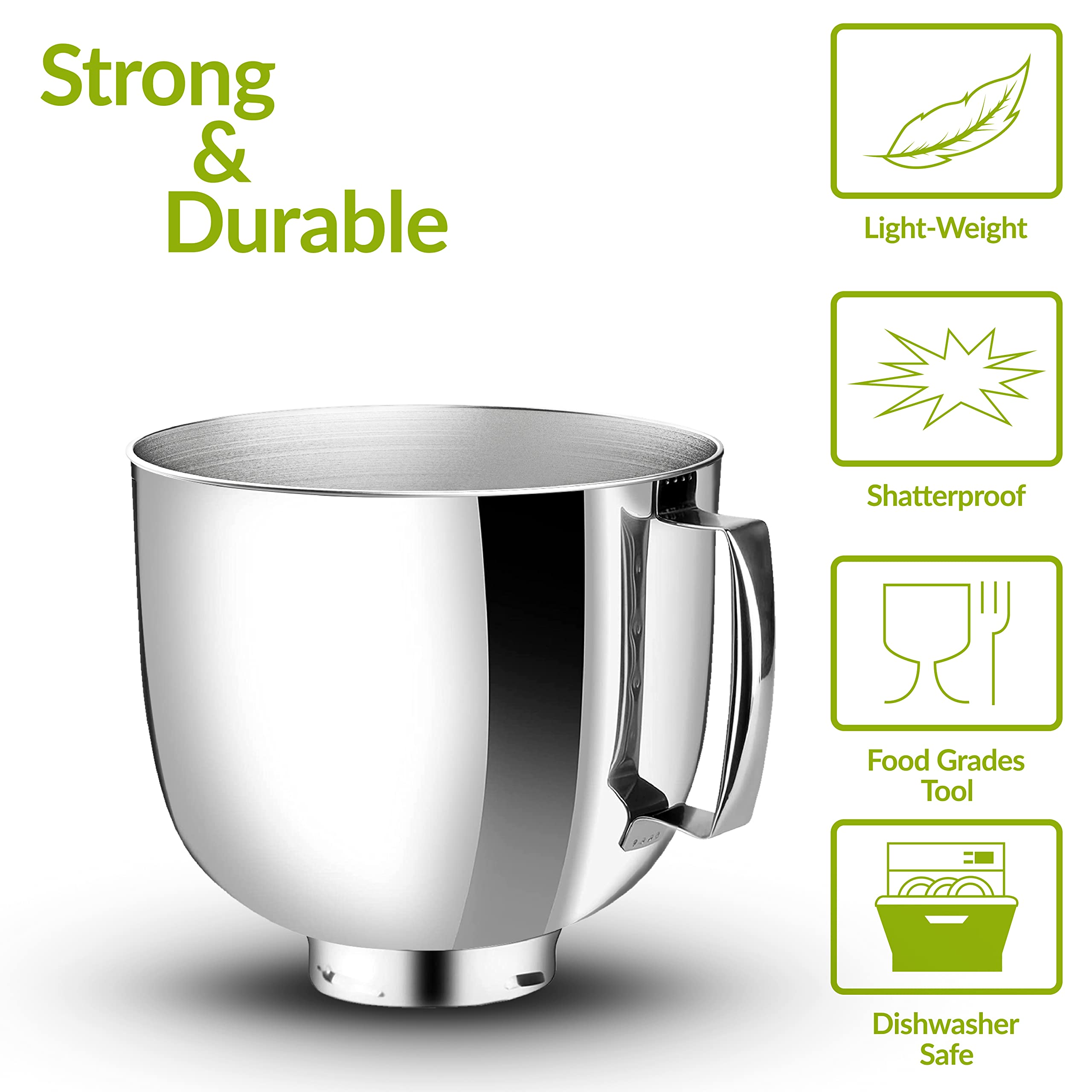 WantJoin Wil Stainless Steel Mixing Bowl for most Kitchen Aid Tilt-Head Series | Food-Grade Kitchen Aid Mixers Accessories Bowl | Mixer Bowl with Handle | Dishwasher Safe 4.5-5 QT