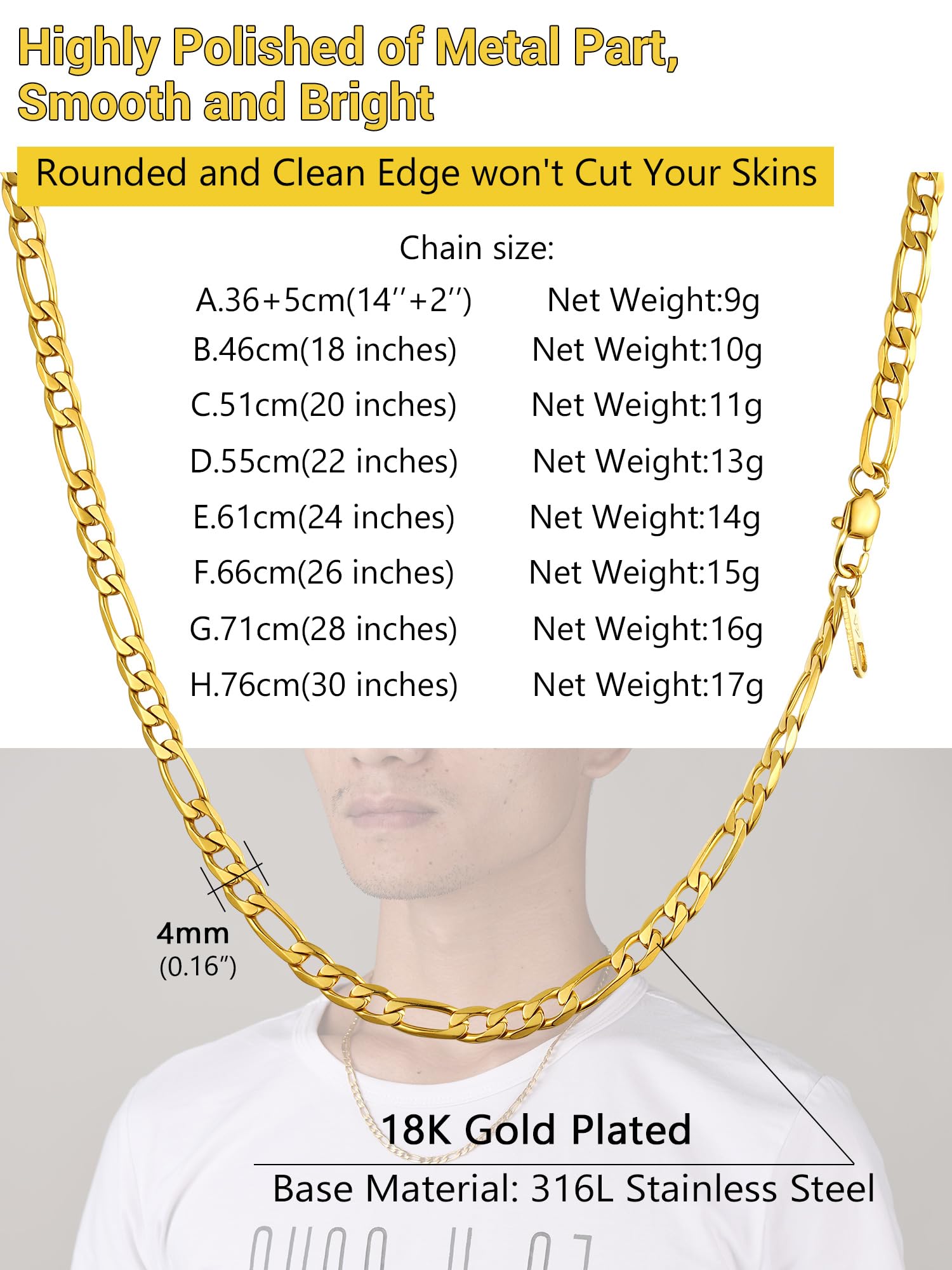 PROSTEEL Figaro Chain Gold Necklace 4mm Dainty Cute Chains 14 Inch Layered Necklaces For Men