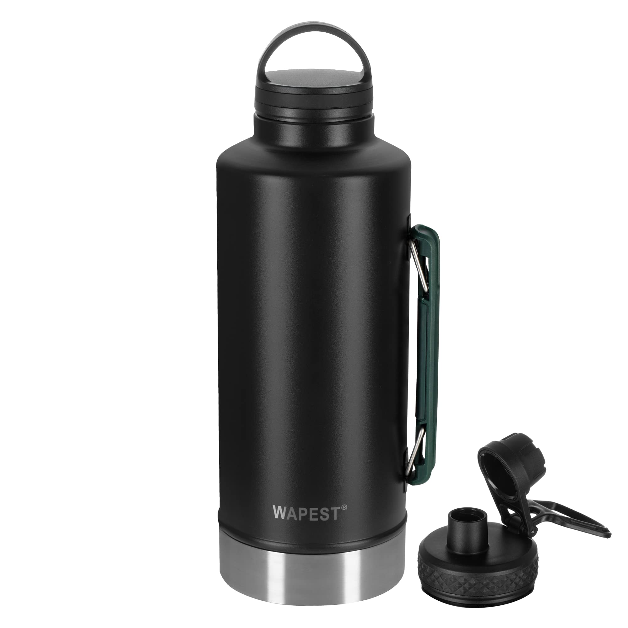WAPEST Vacuum Insulated Water Bottle, Wide Mouth Stainless Steel Coffee Thermos for hot and cold drinks, Insulated Water jug with Spout Lid, Flex Cap and collapsible handle, Black