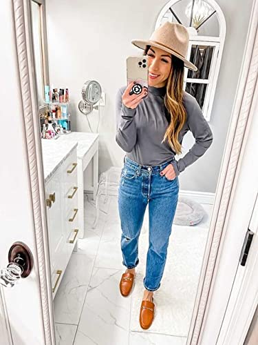 REVETRO Women Slim Fit Shirts Casual Plain Long Sleeve Tops Basic Lightweight Mock Turtleneck T-Shirt Dark Grey Small…