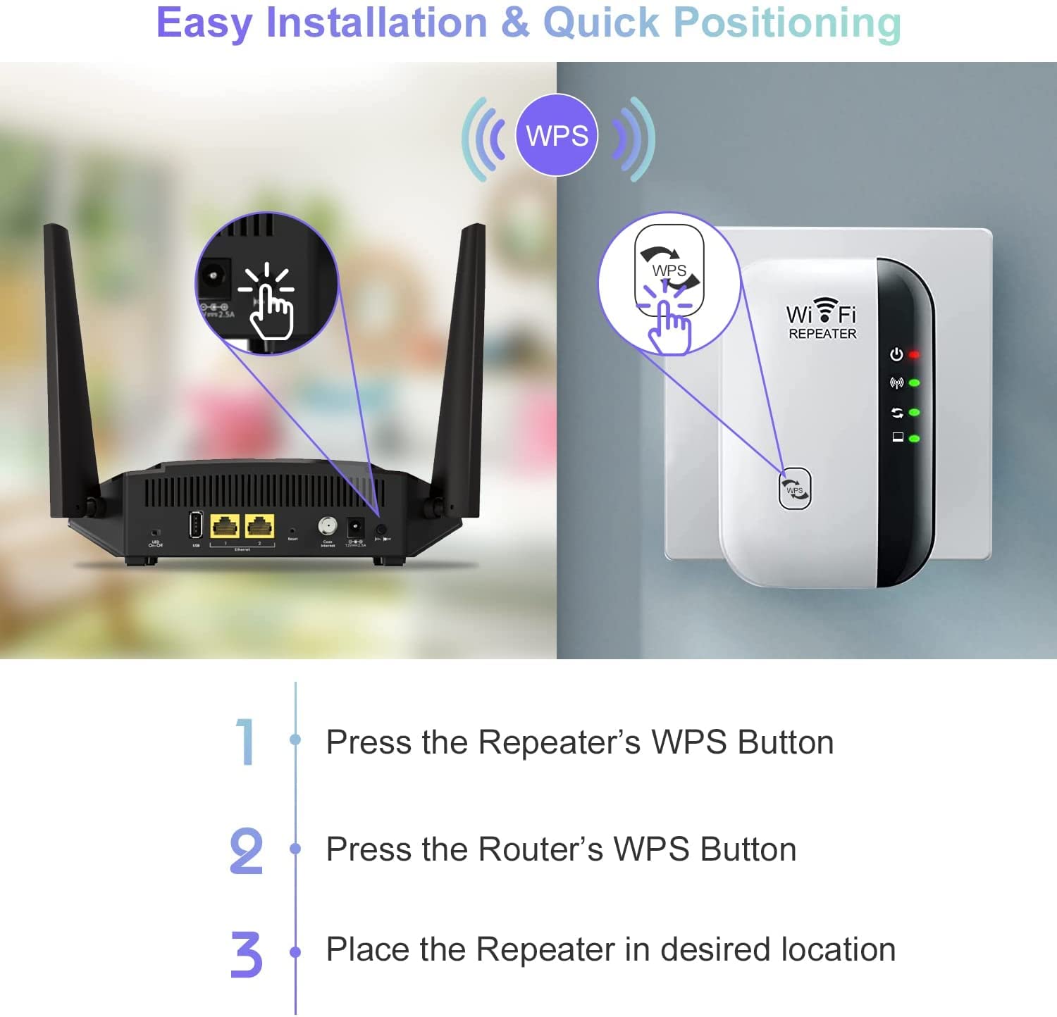 WiFi Extender Signal Booster Up to 2640sq.ft and 25 Devices, Wireless Internet Repeater, WiFi Range Extender, Long Range Amplifier with Ethernet Port, 1-Tap Setup, Access Point, Alexa Compatible