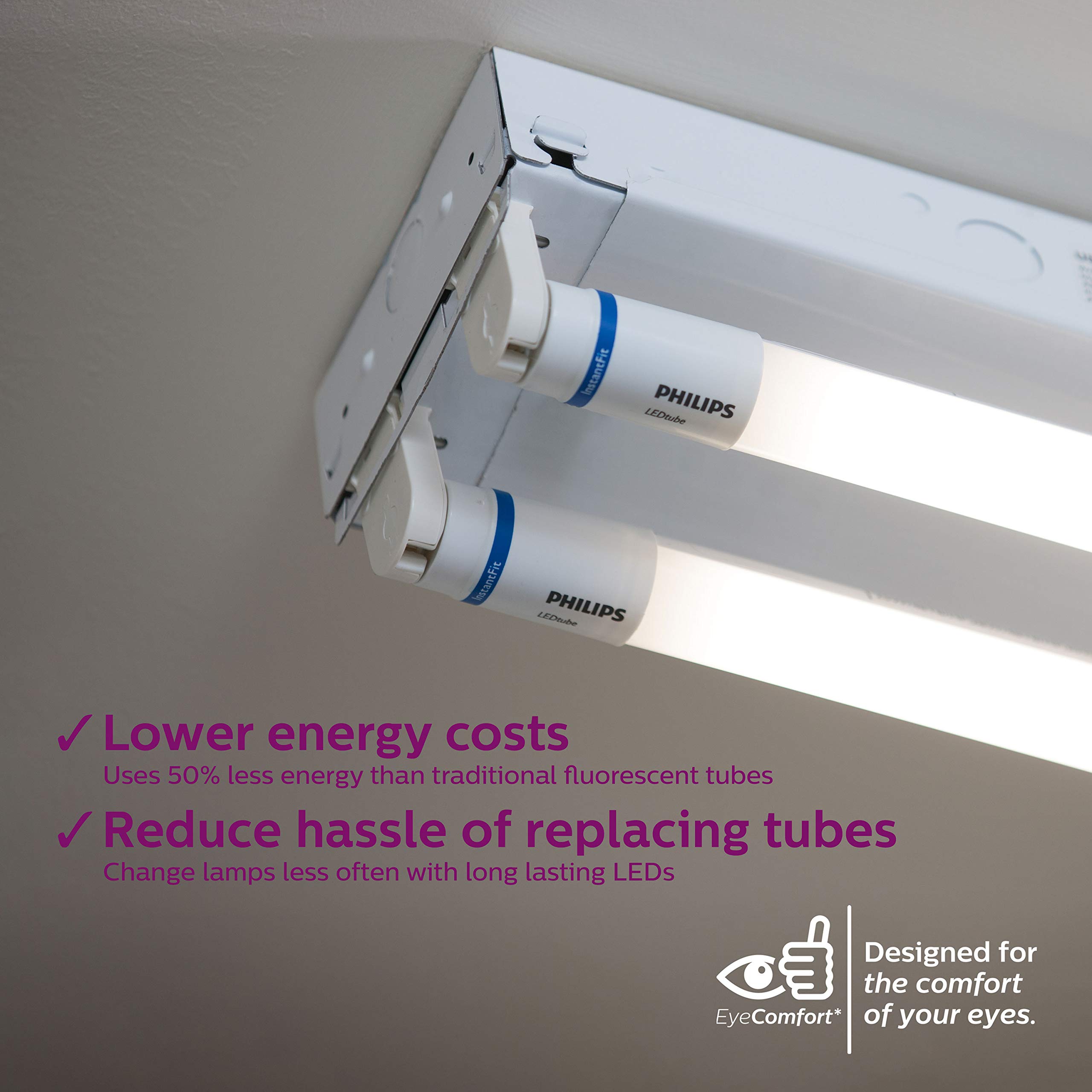 Philips LED InstantFit 4-Foot T8 Tube Light Bulb 1800-Lumen, Cool White (4000K), 16W=32W, Medium Bi-Pin G13 Base, 8-Pack