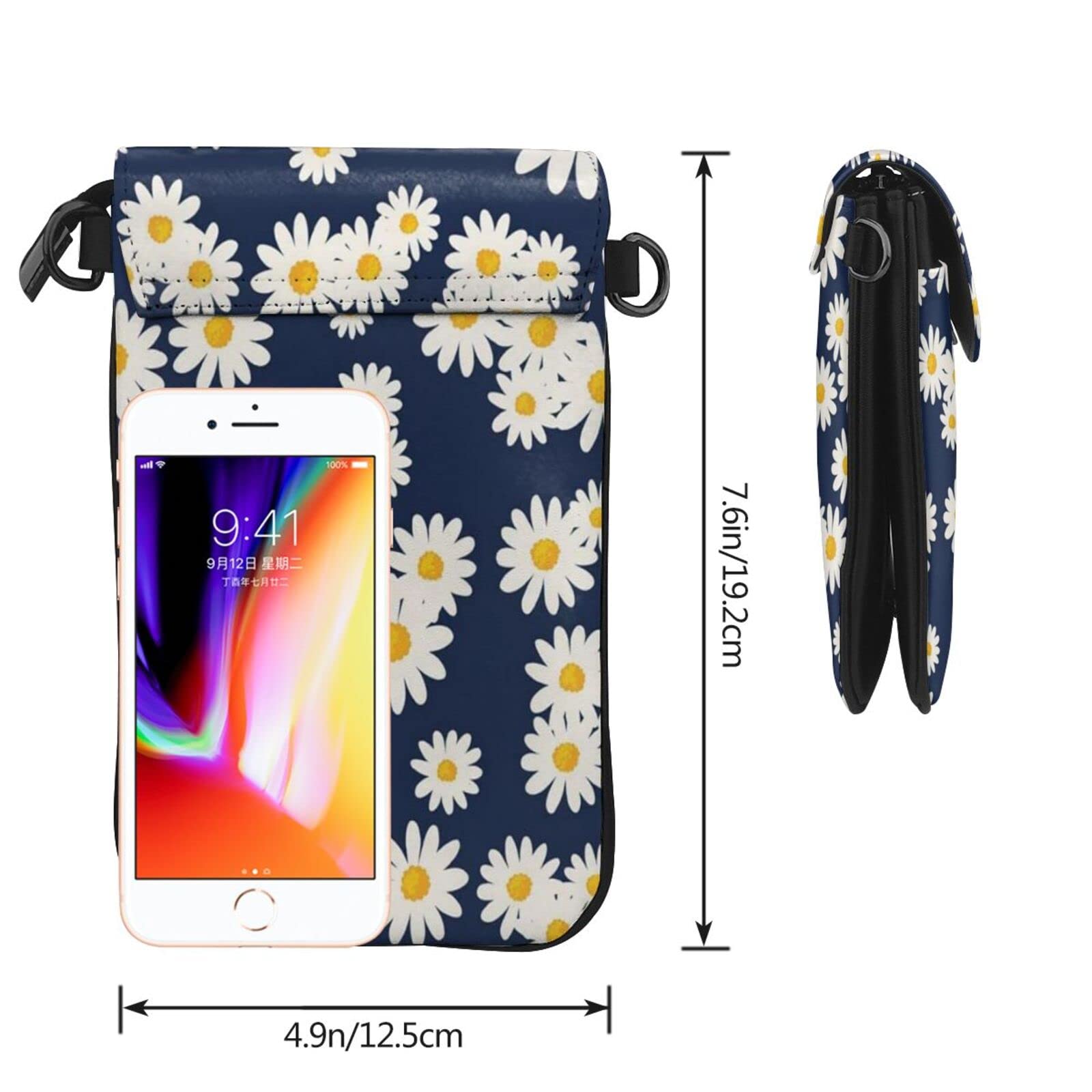 Women Cell Phone Purse Leather Crossbody Bag-Navy Blue Floral Daisy Mini Shoulder Bag Card Holder Wallet