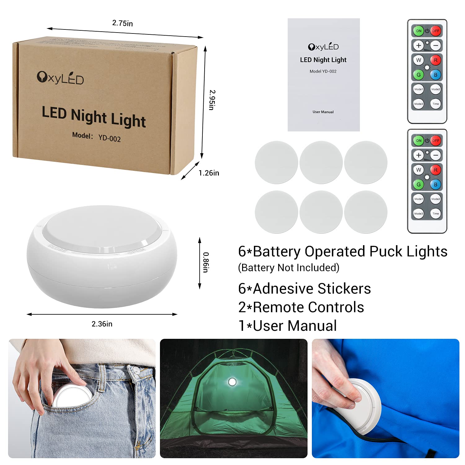Puck Lights with Remote, OxyLED Wireless Color Changing LED Cabinet Lights with Timing, Battery Powered Tap Lights, Dimmable Closet Light, Night Light for Kids' Bedroom, Wardrobe, Kitchen (6 Pack)