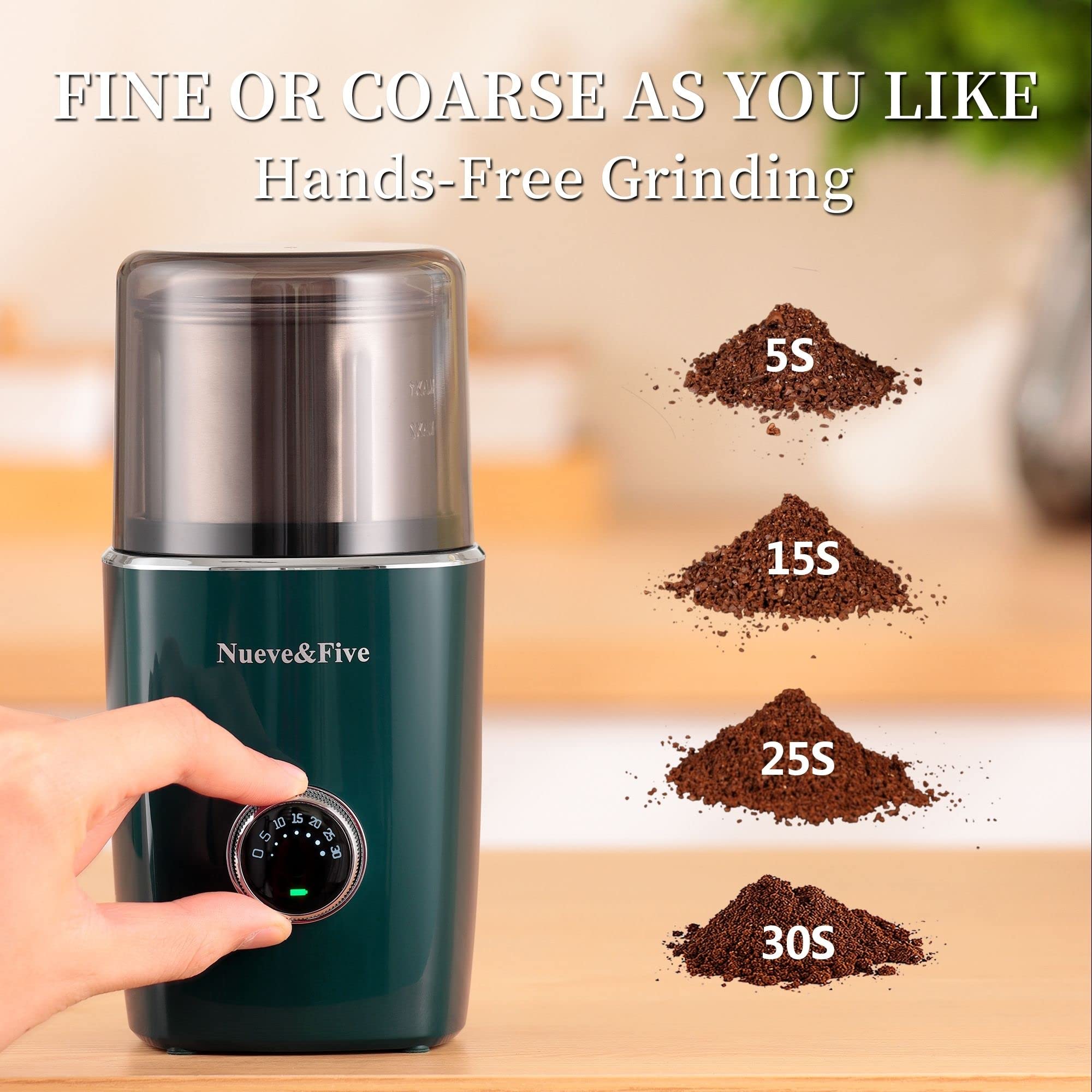 Nueve&Five Adjustable Coffee Grinder Electric, Cordless Coffee Grinder Espresso, Electric Coffee Grinder With Timing Setting, Coffee Bean Grinder Electric With Removable Stainless Steel Bowl (GREEN)