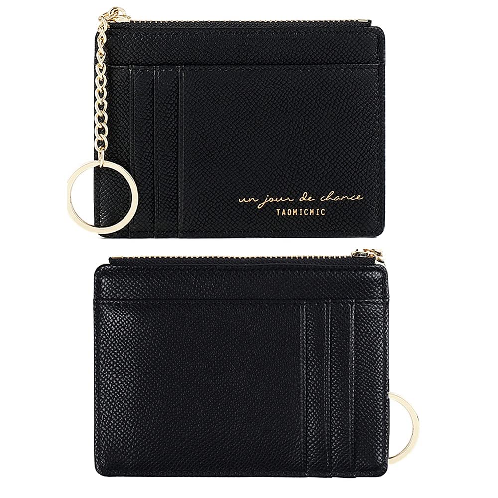 Prometheism Women Slim Leather Card Case Holder Small Wallet Cute Coin Purse Girl Mini Wallet with Keychain (Black)