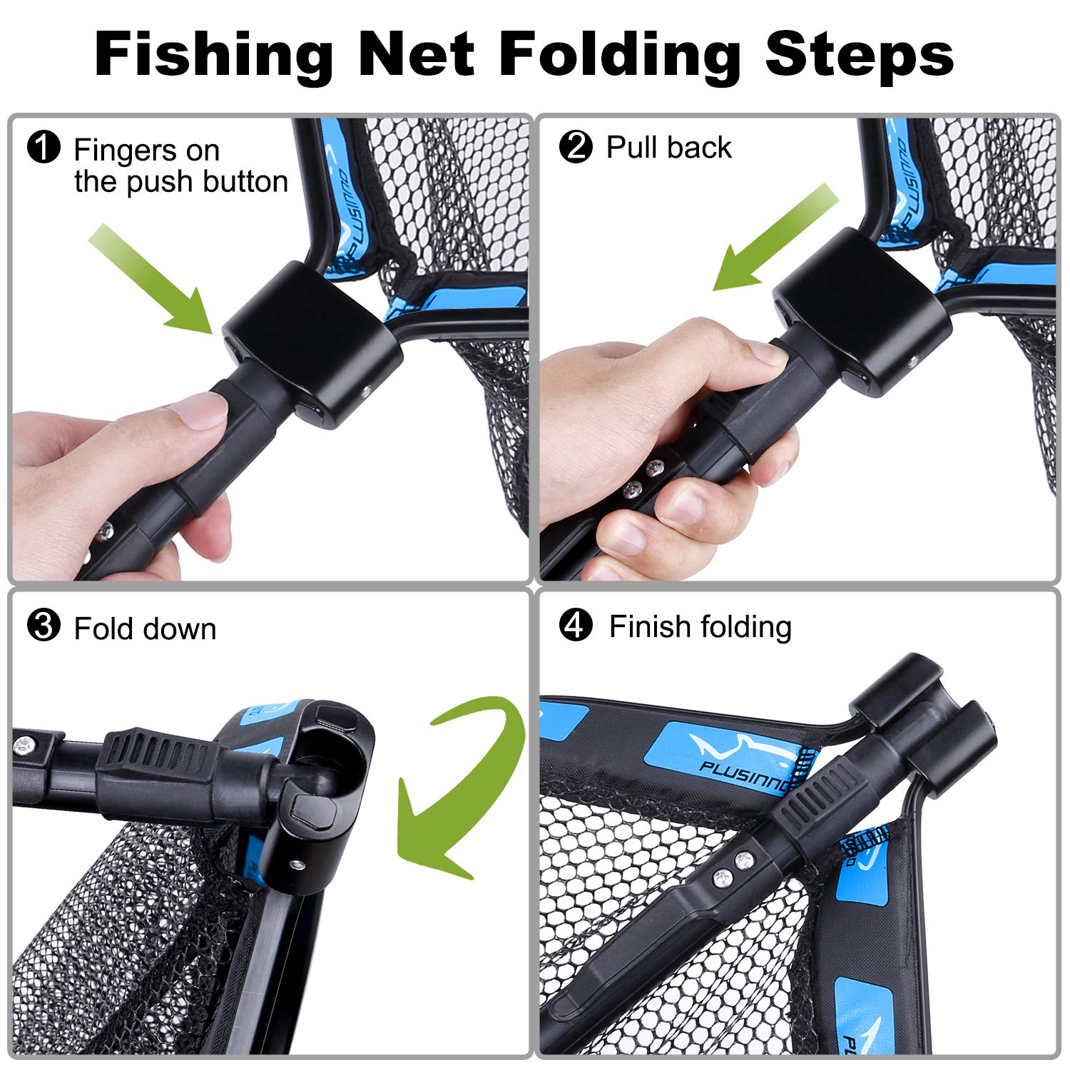 PLUSINNO Floating Fishing Net for Steelhead, Salmon, Fly, Kayak, Catfish, Bass, Trout Fishing, Rubber Coated Landing Net for Easy Catch & Release, Compact & Foldable for Easy Transportation & Storage