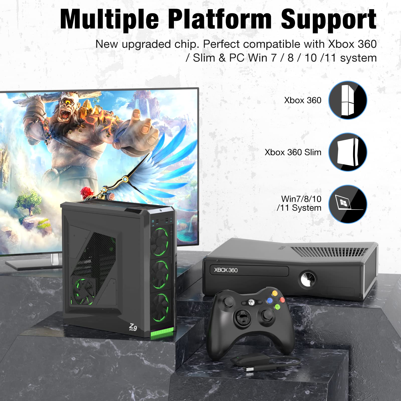 Oussirro Wireless Controller for Xbox 360, 2.4GHZ Game Controller Gamepad Remote for PC Windows 7,8,10 with Receiver Adapter, No Audio Jack(Black)