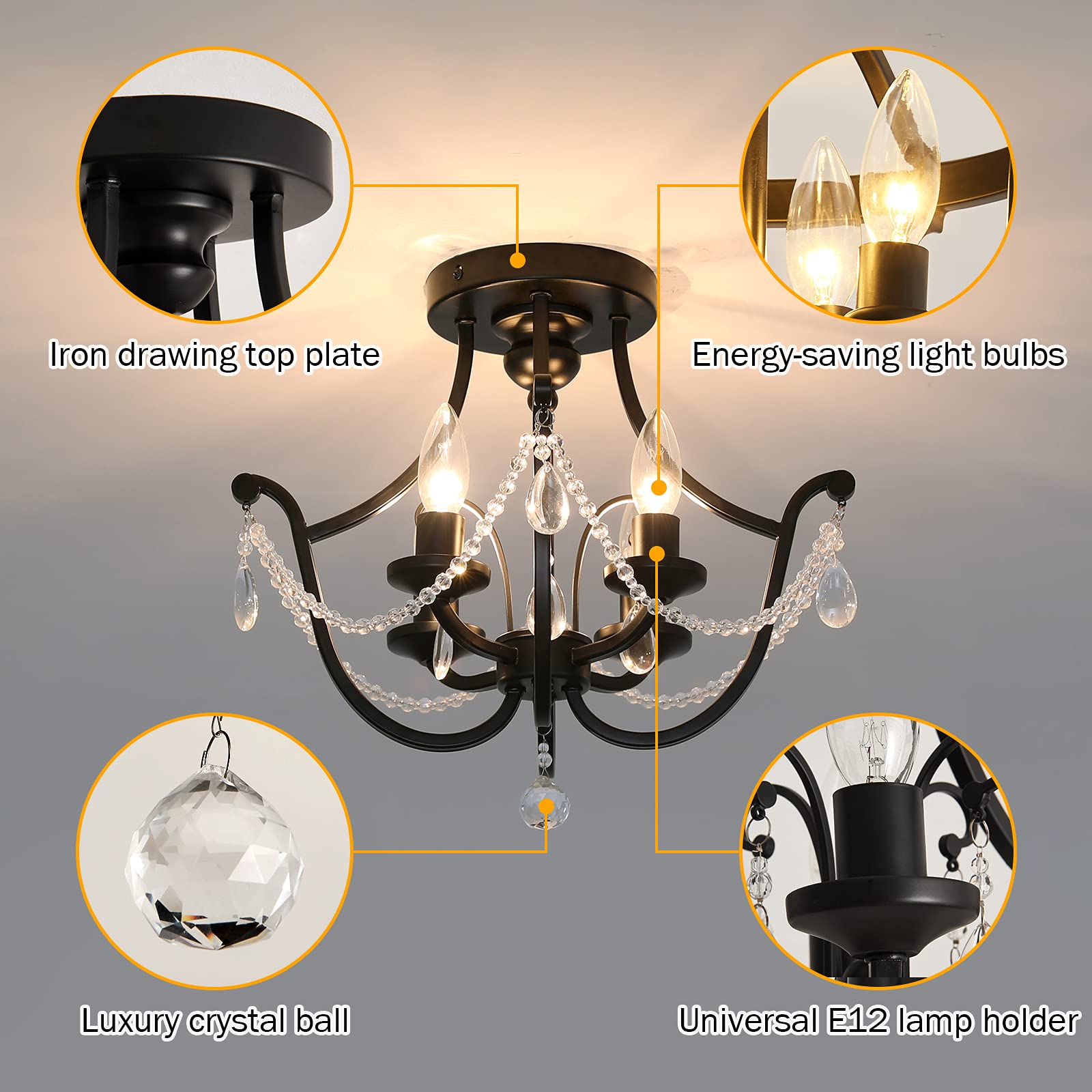 UOFUS Modern Semi Flush Mount Crystal Chandelier Farmhouse Indoor Small Ceiling Light Fixture Modern Ceiling Lamp for Foyer Kitchen Hallway Bathroom Bedroom Dining Room ( Black )