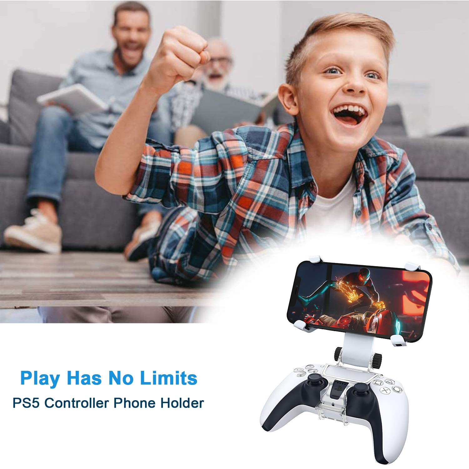 Supgear PS5 Controller Phone Mount Clip PS5 Controller Mobile Gaming Clip with X-shaped Design Adjustable Bracket 1PCS Rubber Protector Skins 2PCS Black Joystick Caps for Playstation 5 Game Controller