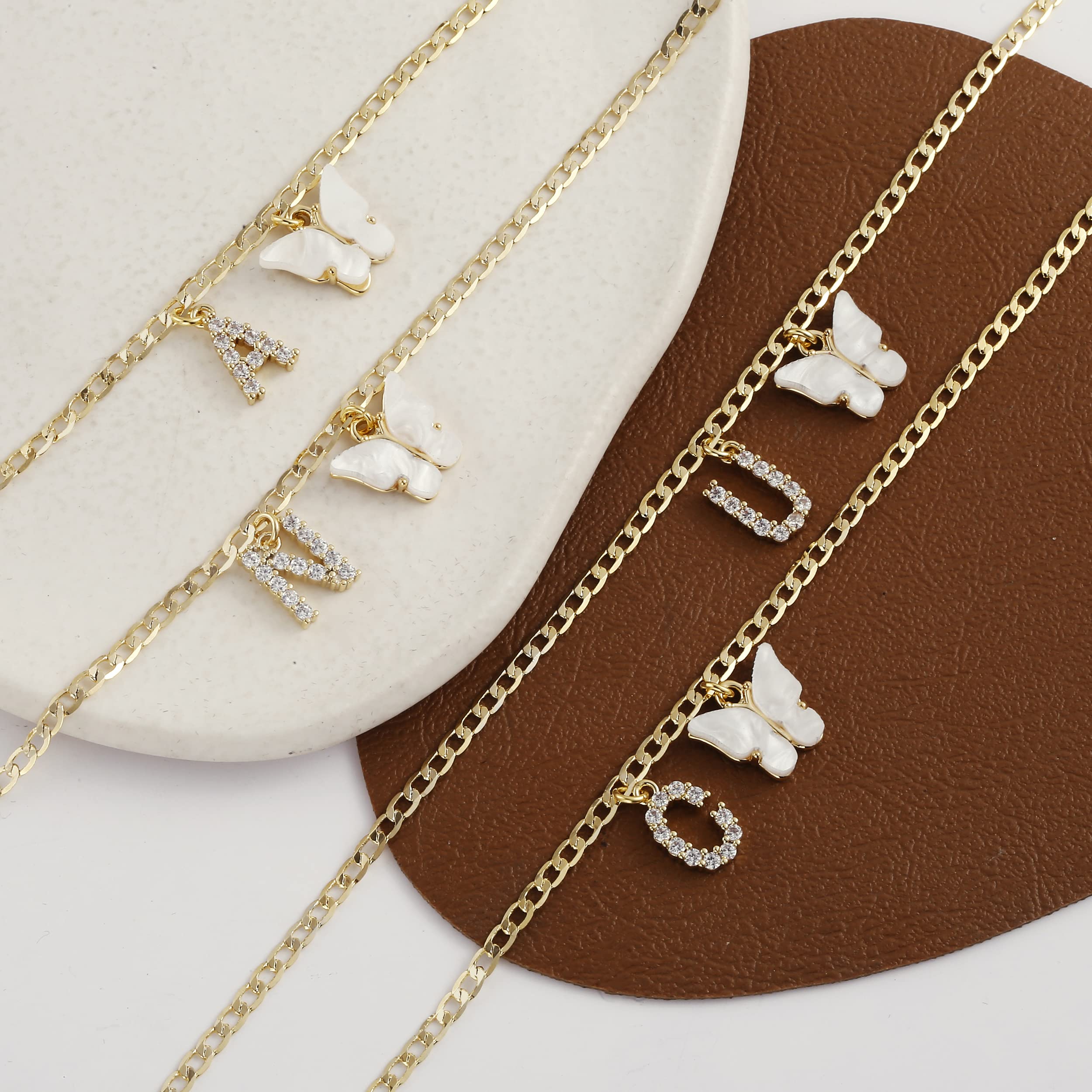 VIROMY 14K Gold Plated Dainty Butterfly Initial Ankle Bracelets Handmade Cuban Chain White Butterfly A Alphabet Letter Initial Anklets Personalized Summer Beach Jewelry Gifts for Women A