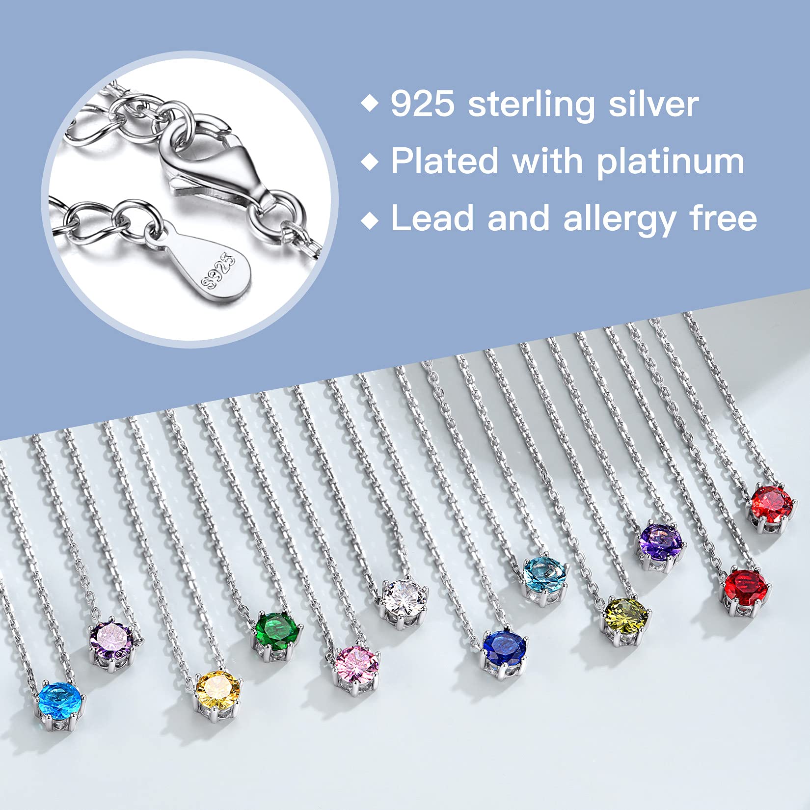 Suplight March Birthstone Necklace 925 Sterling Silver Aquamarine Bule Necklace for Women