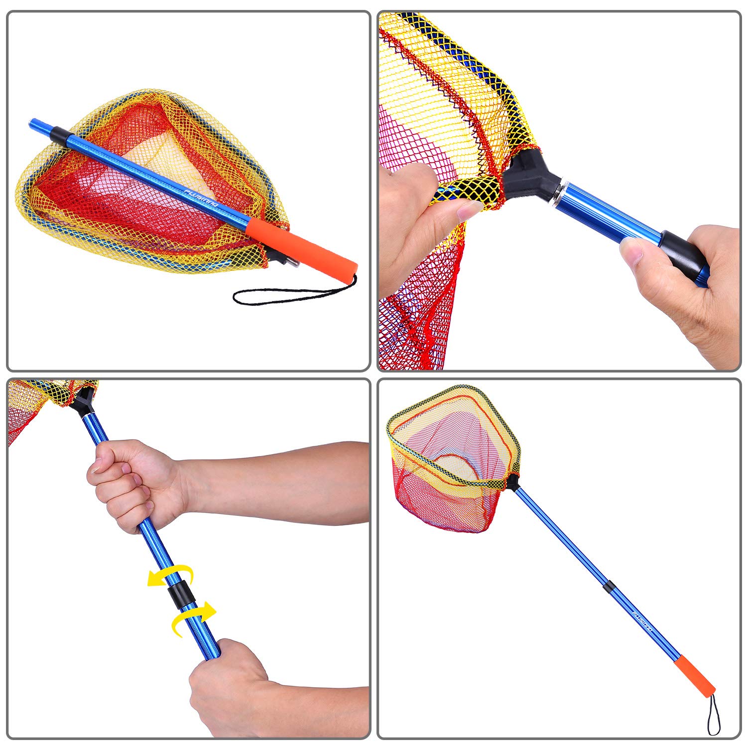 PLUSINNO Kids Fishing Net, Telescopic Lightweight Landing Net with Aluminum Pole Handle and Nylon Mesh, Catch and Release Butterfly Net for Kids Youth Outdoor (1 Pack-Blue)