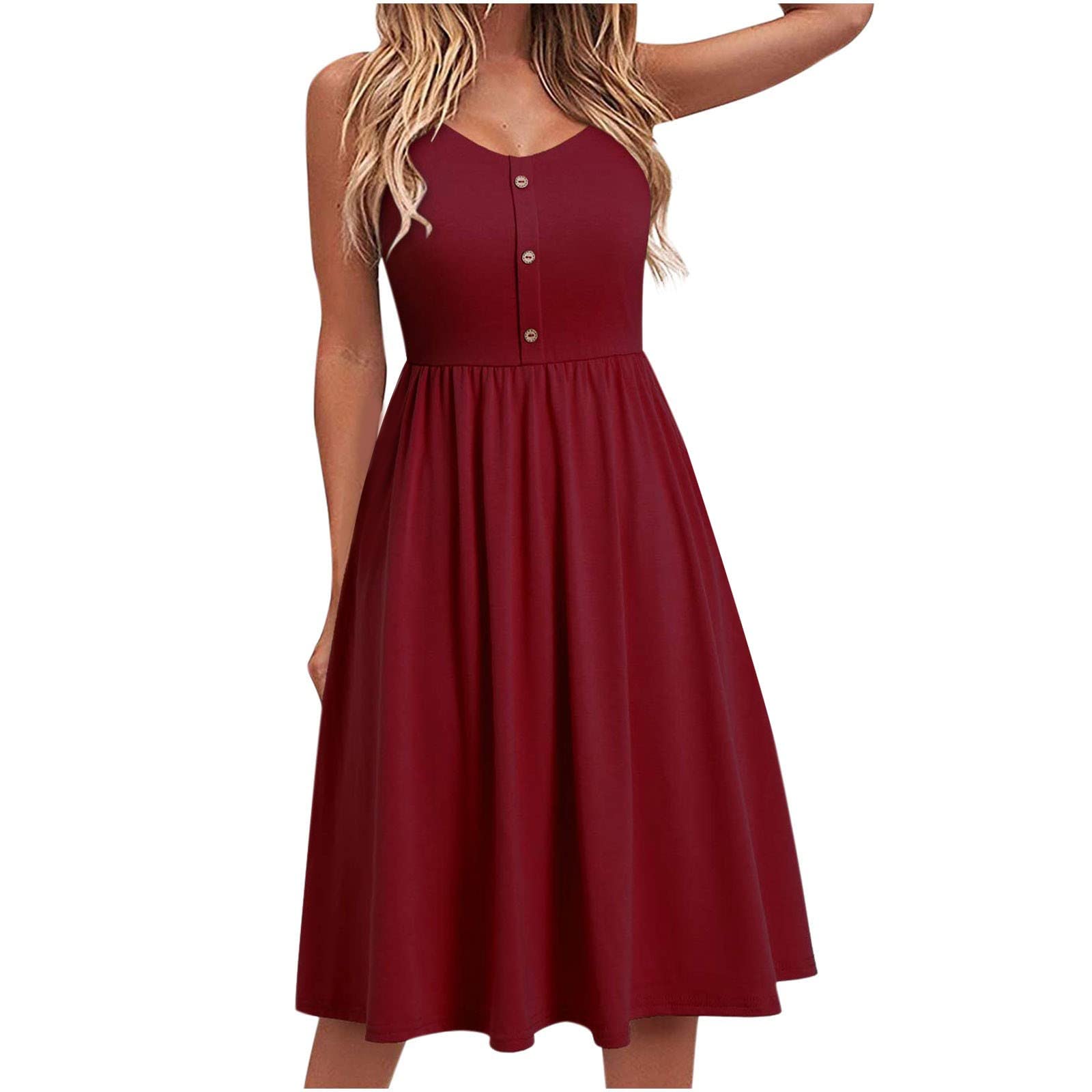 YMUQEIGH Women's Casual Beach Summer Dresses Solid Color A-Line Spaghetti Strap Button Down Sundress Sexy V Neck Midi Dress