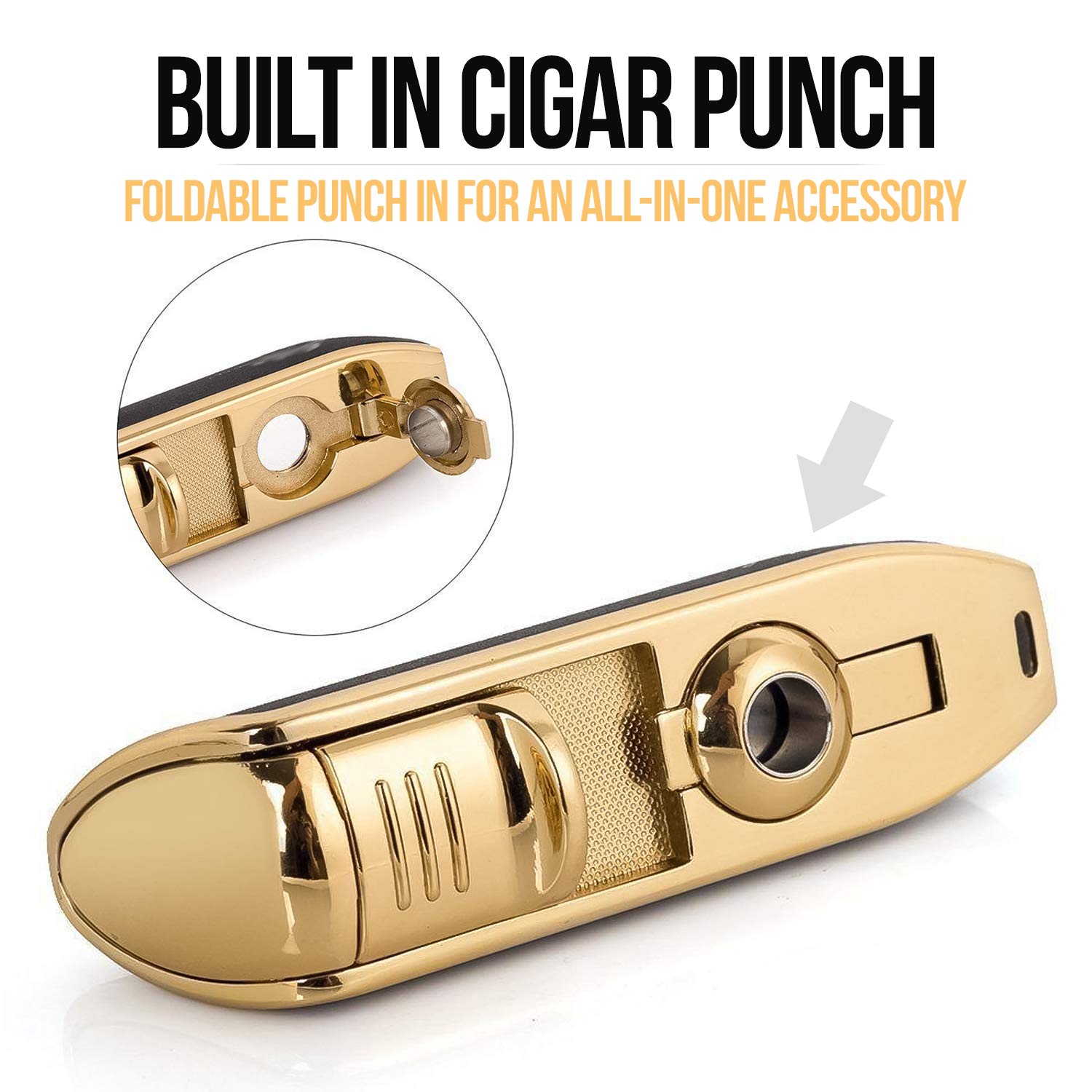 Mrs. Brog Cigar Lighter Triple Flame Torch with Built in Cigar Punch (Butane Gas Not Included) - Pocket Size 3 Adjustable Wind Proof Jet Flames - Ergonomic Grip