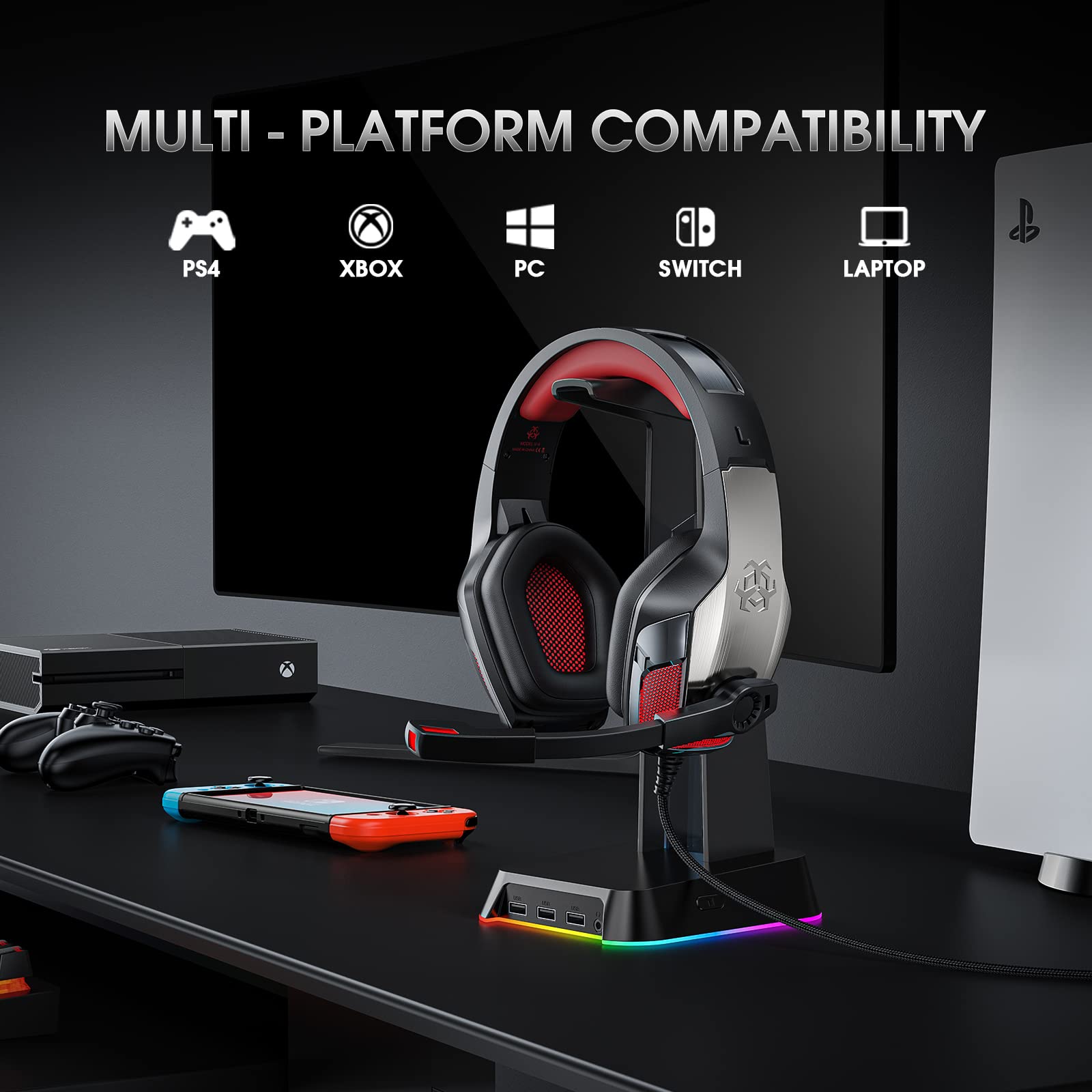 PS4 Headset V-4 Gaming Headset PlayStation4 Headset Stereo Wired Over-Head Gaming Headphones with Noise Canceling Microphone & LED Light for PC/Sony PSP/Mac (Adapter Not Included)