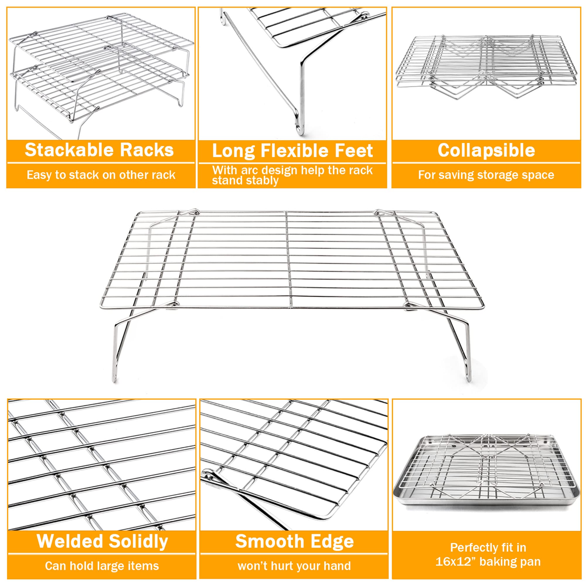 TeamFar Cooling Rack, 5-Tiers Stainless Steel Baking Cooling Wire Rack for Baking Roasting Cooking, Healthy & Firmly Weld, Stackable & Collapsible, Dishwasher Safe, 15βx10β