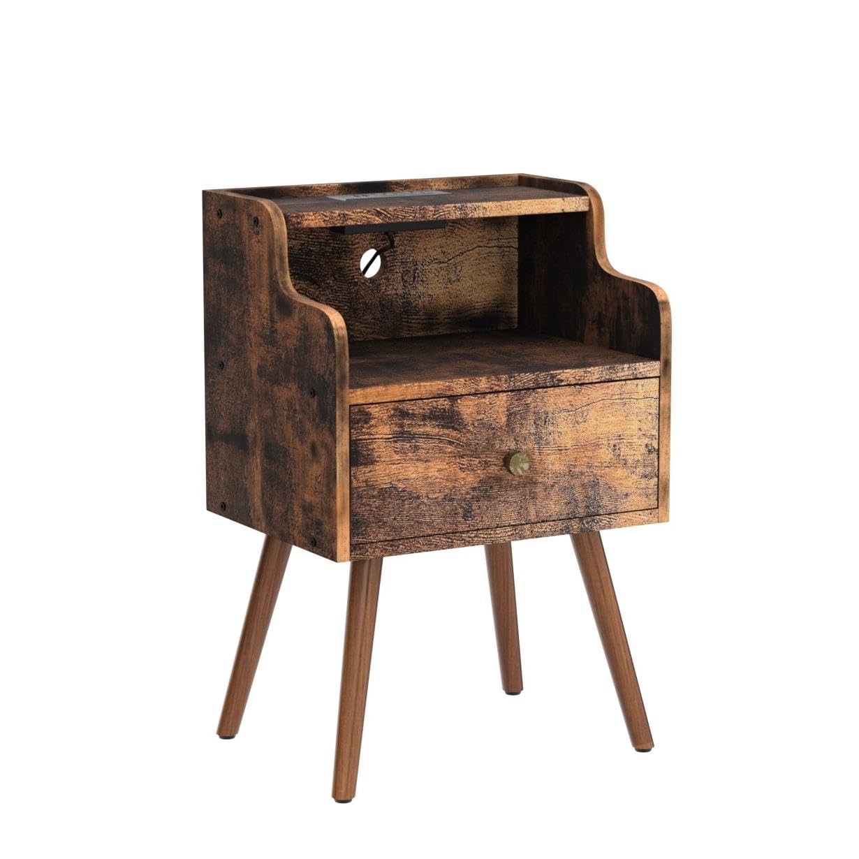 Nightstand with Drawer, Side Table with Charging Station, Mid-Century Modern End Table, 2-Tiers Storage Space Bedside Table with Solid Wood Legs, Black Night Stand for Living Room, Bedroom
