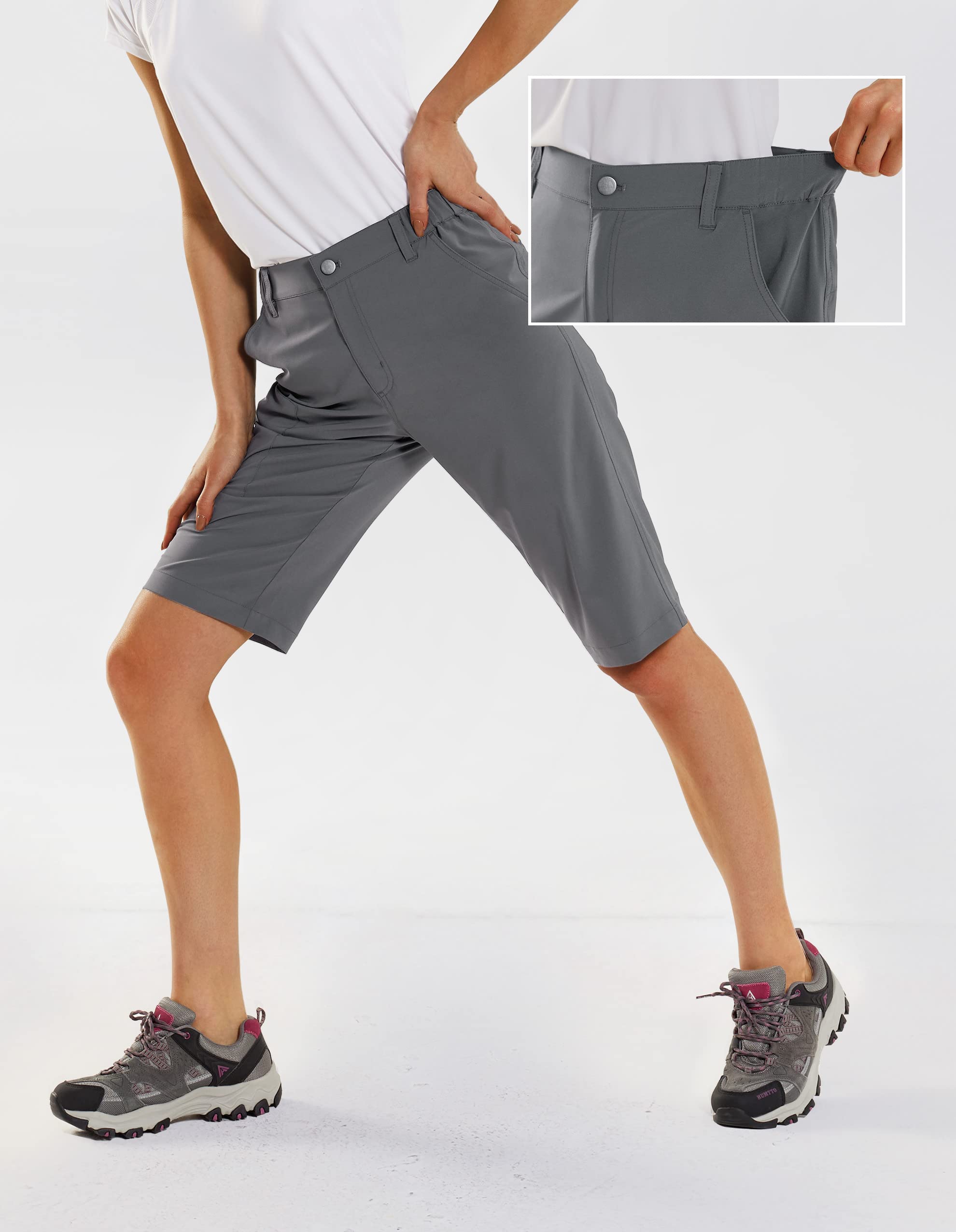 SPECIALMAGIC Knee Length Shorts Women Bermuda Quick Dry Shorts Stretchy Hiking Shorts Golf Lightweight Casual for Summer Grey