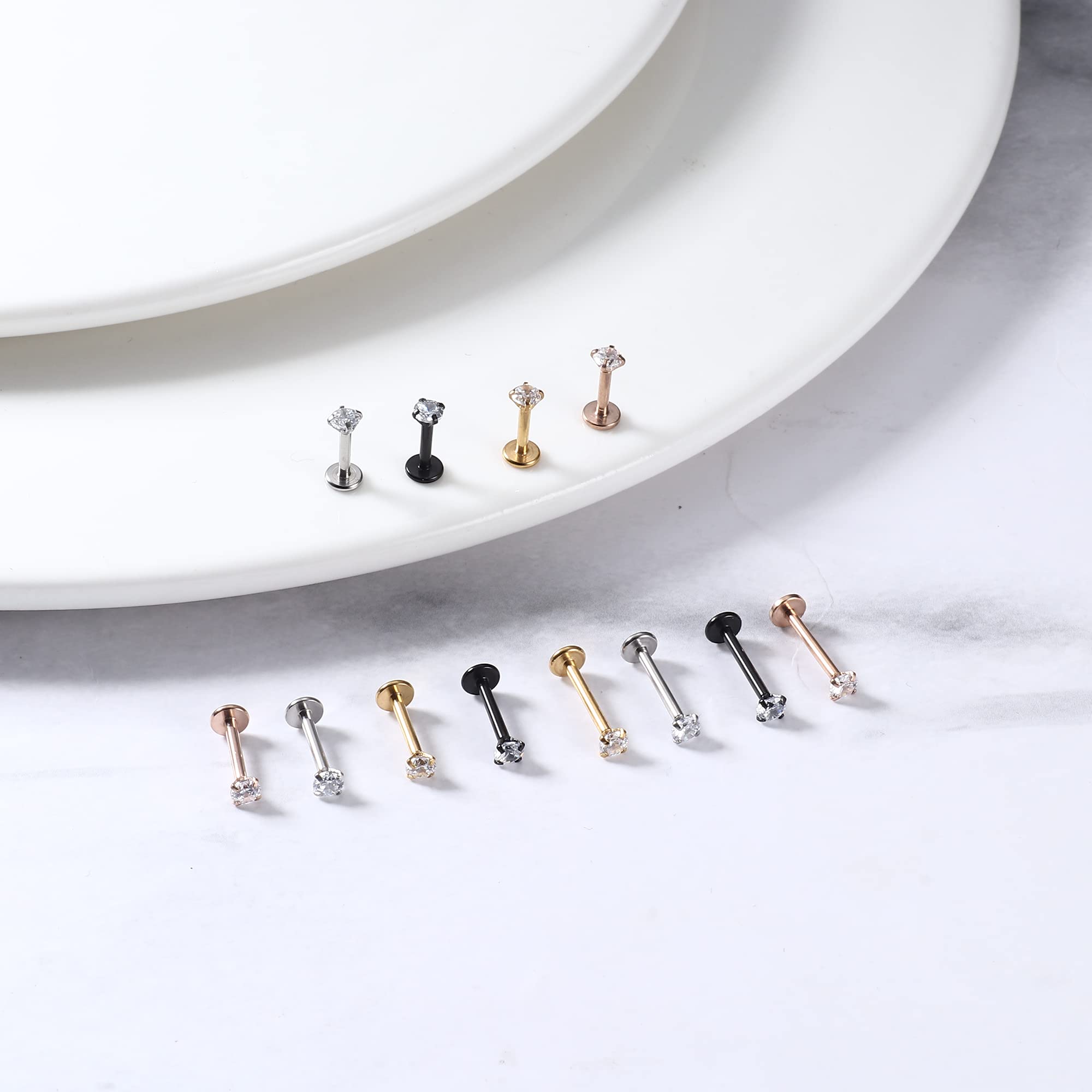THUNARAZ 16G Lip Studs 6mm 8mm 10mm Stainless Steel Internally Threaded Lip Cartilage Tragus Helix Rings Forward Opal CZ Heart Flat Back Monroe Piercing Jewelry
