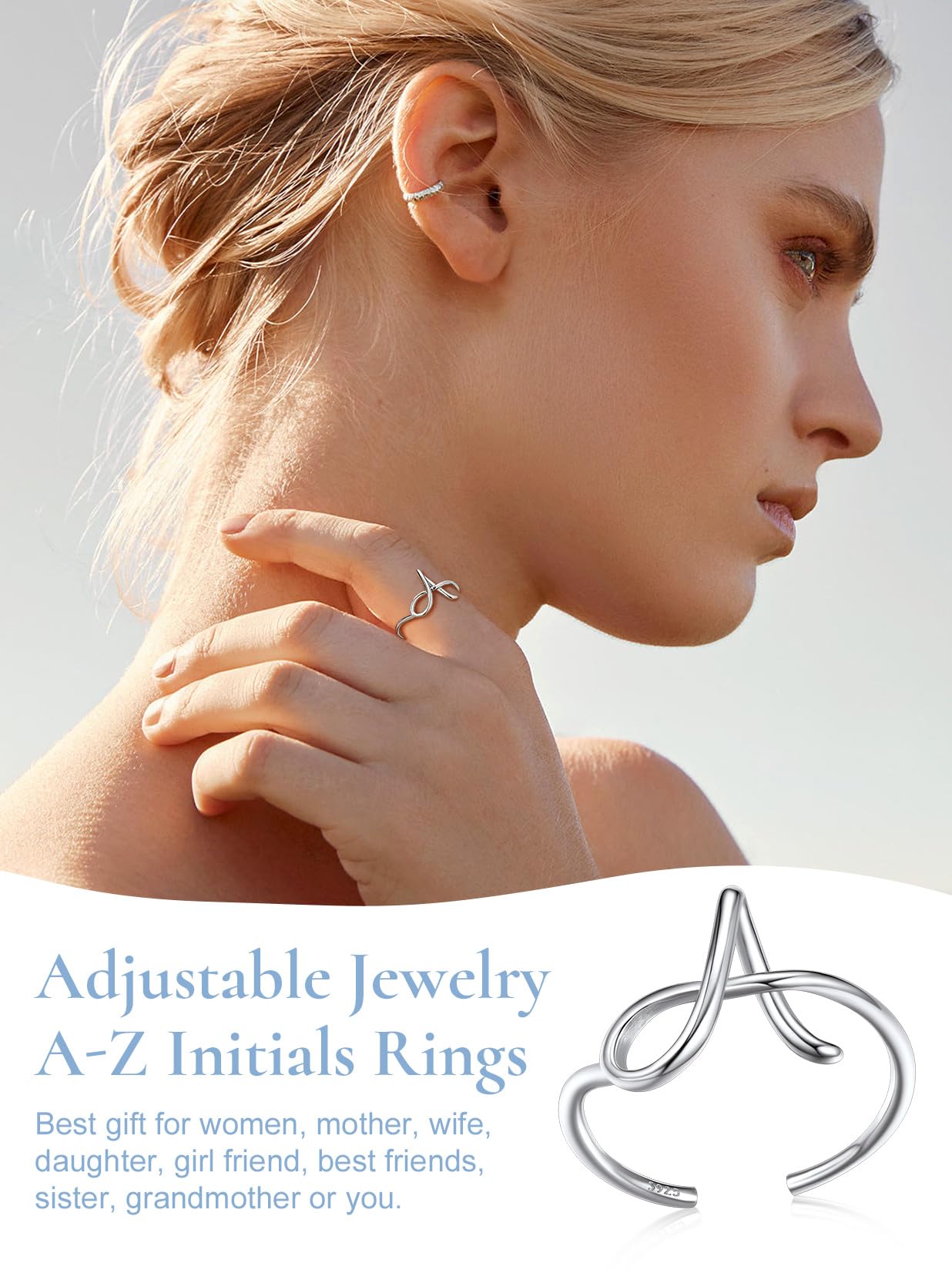 SILVERCUTE Cute Silver Initial Ring Open Adjustable Women Stackable Rings|925 Sterling Silver A-Z 26 Letters Initial Name Rings for Women(Alpahbet A)