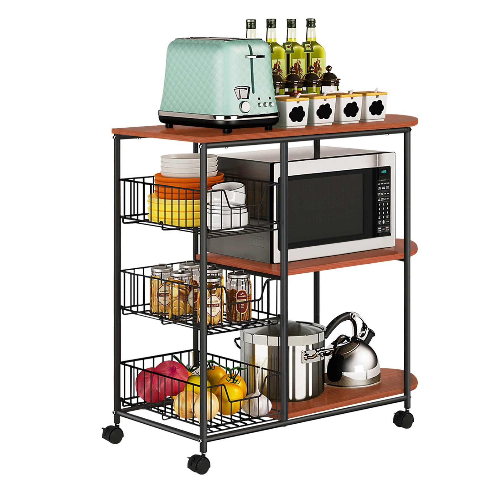 Microwave cart with Storage, Kitchen Microwave Serving Stand Carts with 4 Storage Shelf, Metal Coffee Bar on 4 Wheels and 3 wire baskets for Spice Rack Organizer Workstation, Easy assemble, 33 inch