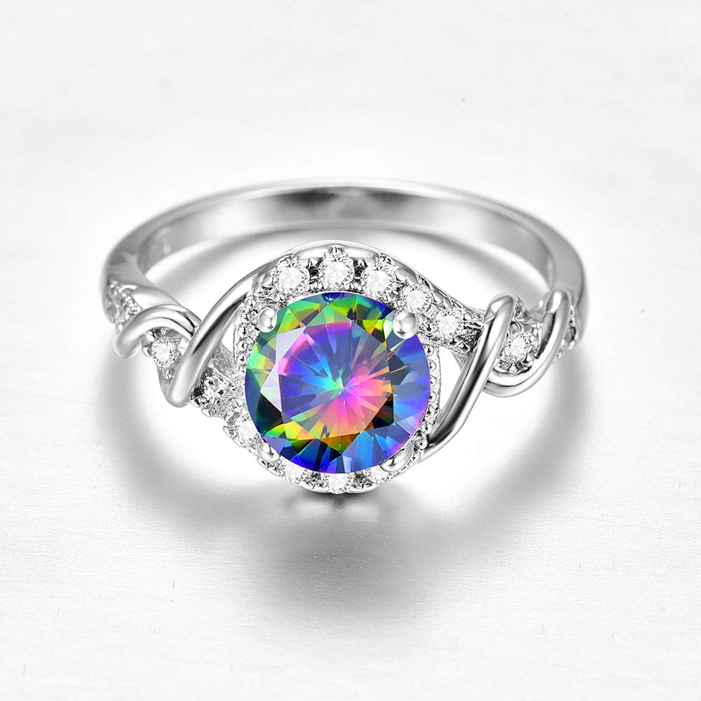 Psiroy 925 Sterling Silver Plated Created Rainbow Topaz Filled Anniversary Ring for Women Size 8