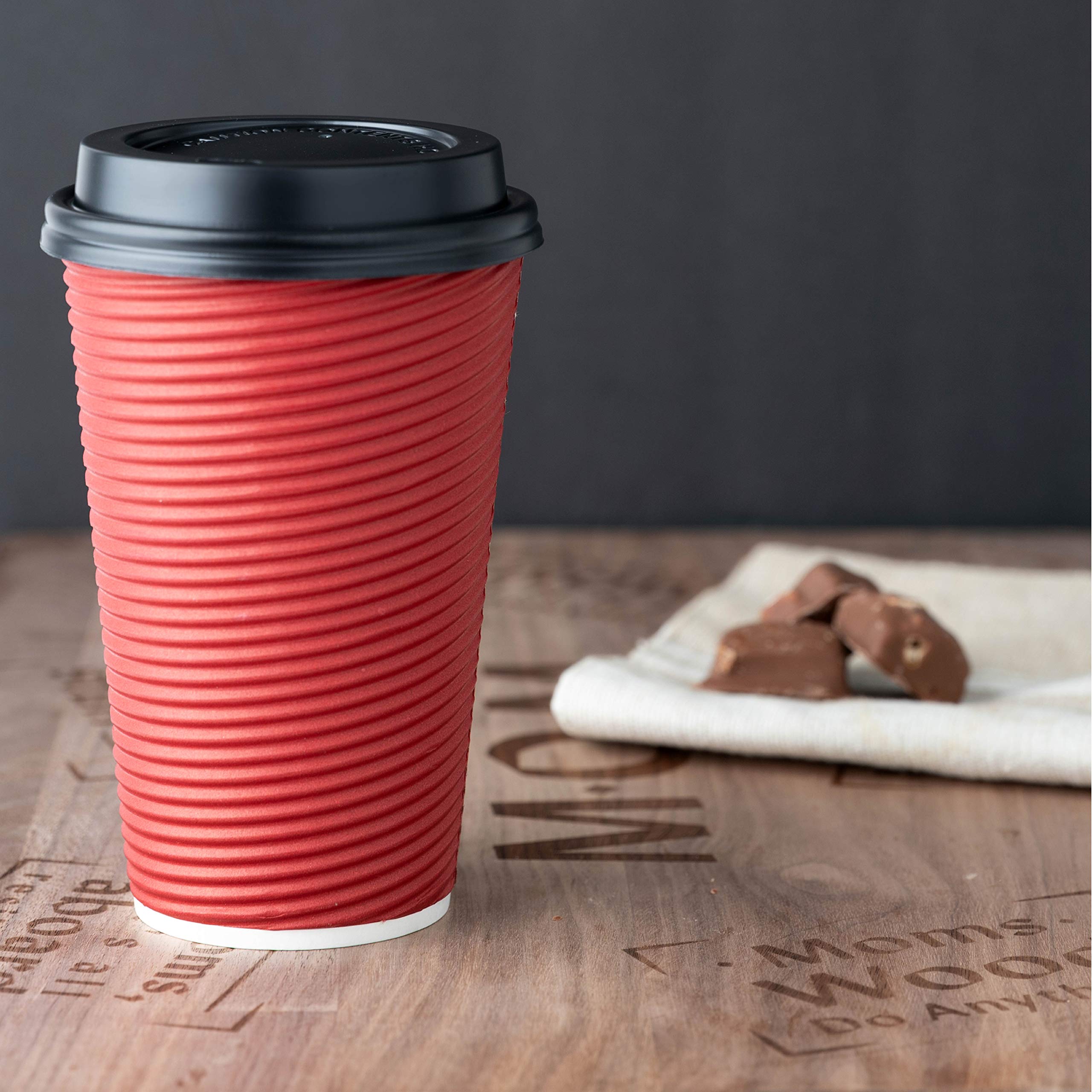 PLASTICPRO [50 Sets - 16 oz.] Insulated Rippled Double Wall Paper Hot Coffee Cups With Lids, Burgundy