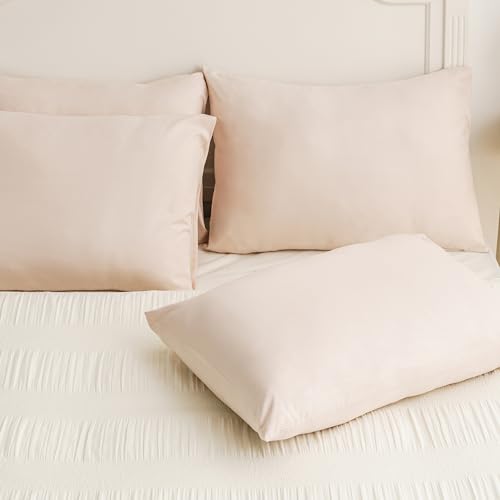 NiNi ALL Bedding Queen Pillow Cases 4 Pack 100% Brushed Microfiber Beige Pillowcases Soft & Breathable All seasons Pillow Covers with Envelope Closure for Women Men, Queen Size 20x30 Inches