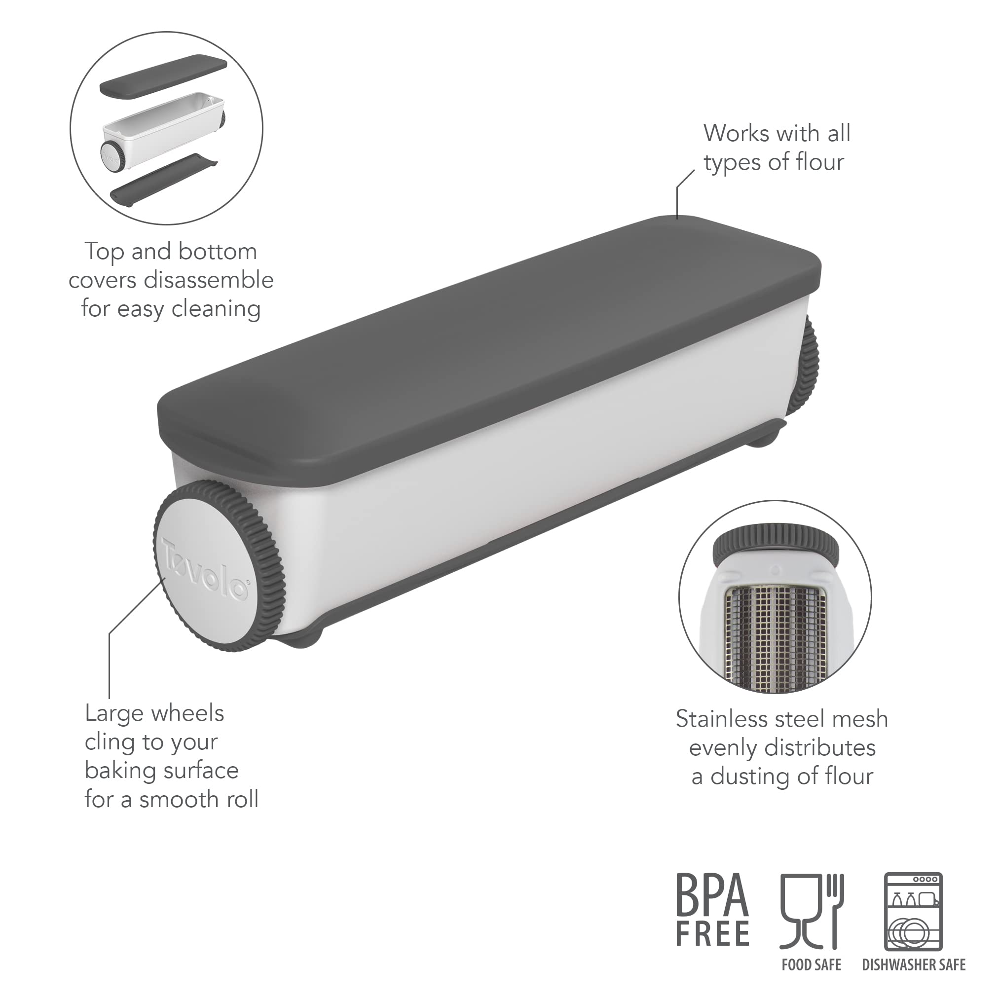 Tovolo Rolling Duster Easy-to-Use Sifter & Spreader, Spreader Baking Accessory for Bread Making & Cookie Cutting, Alternative Flour Sifter & Duster, Medium, Charcoal