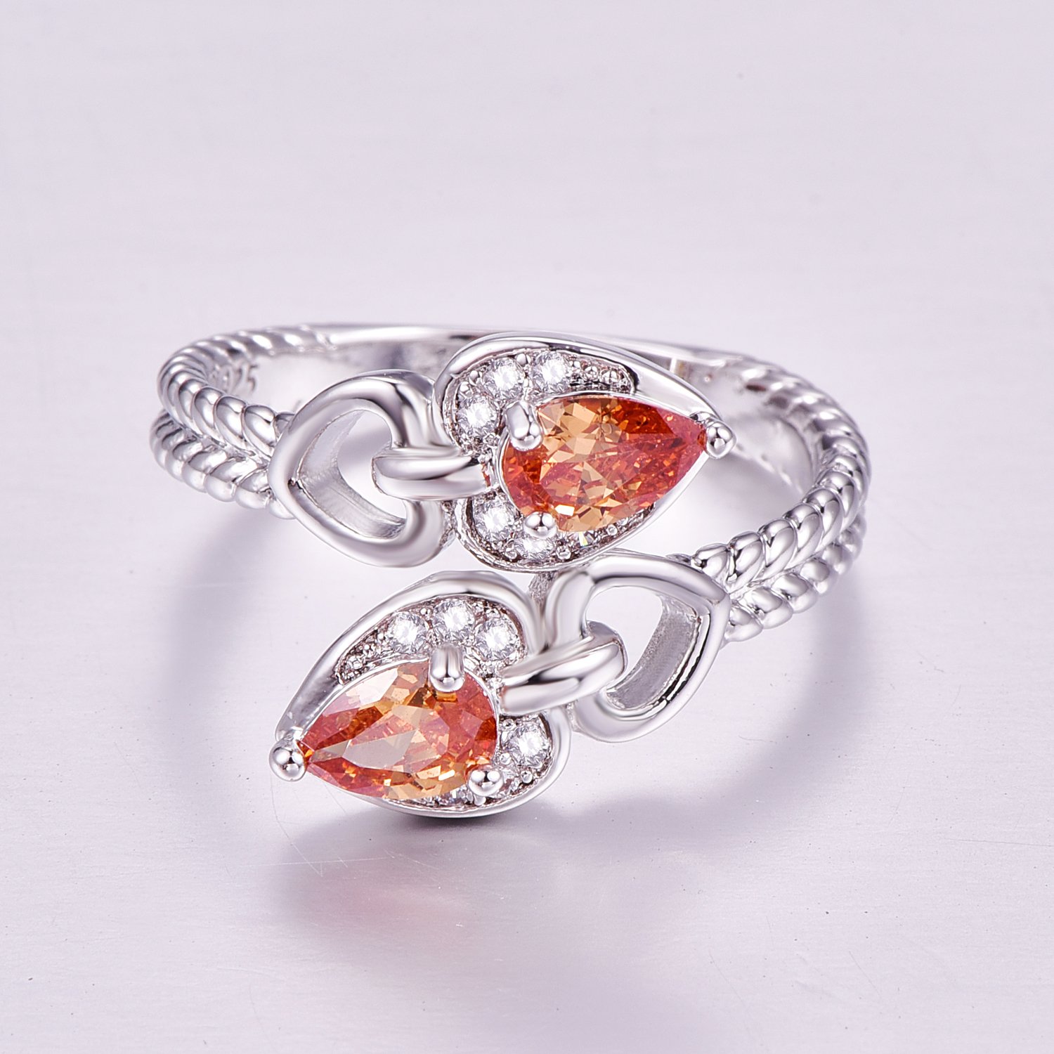 Psiroy 925 Sterling Silver Plated Created Morganite Filled Pear Cut Rope Band Arrow Open Ring for Women Size 6