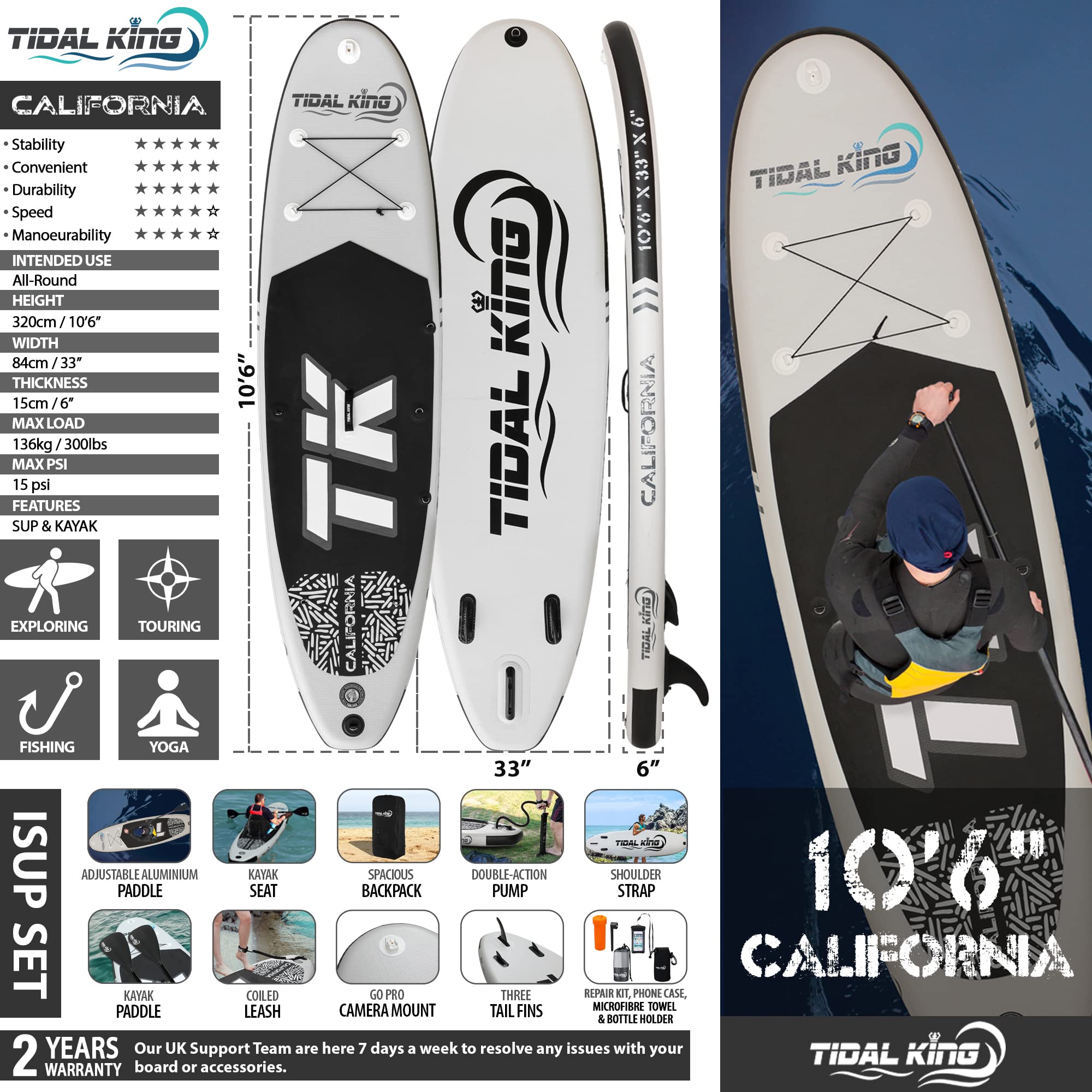 Tidal King California 10' 6” x 33” Wide & Extra Stable Stand Up Paddle Board ISUP - with Adjustable Paddle, Pump, Leash & Backpack - Standard SUP or Kayak Option