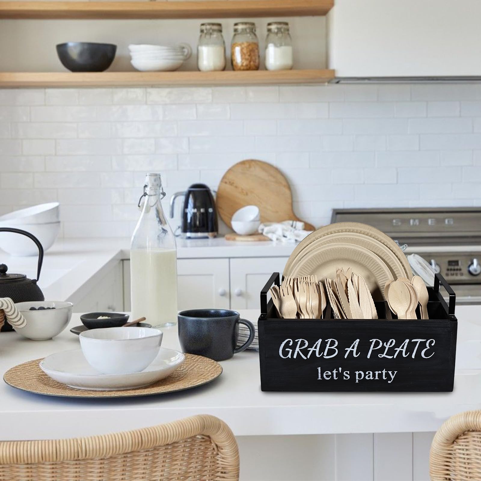 Paper Plate Holder, Utensil Caddy Organizer, Wood Paper Plate Dispenser, Silverware Caddy Holder, and Disposable Coffee Bar Accessories Box for Kitchen Counter, Party, Camping, Picnic (4 Compartment)