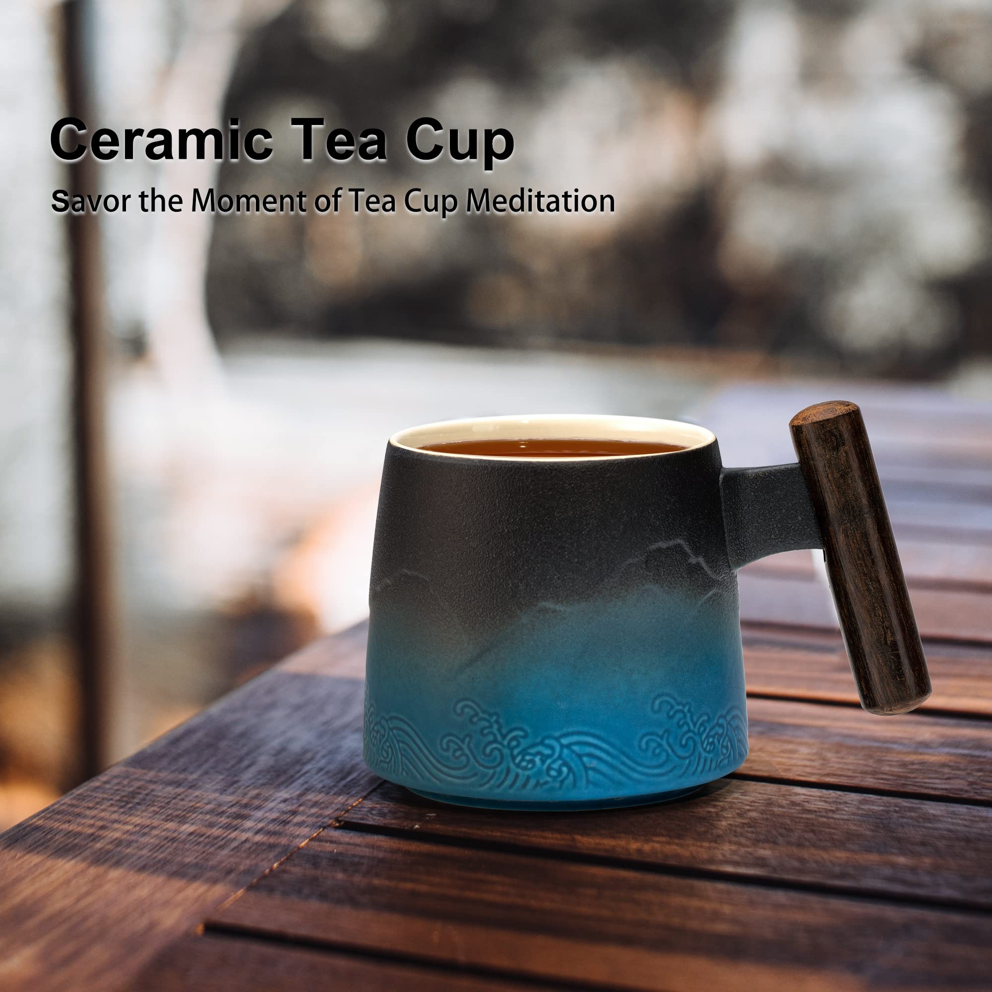 suyika Ceramic Tea Cup with Infuser and Lid Tea Mugs Wooden Handle for Steeping Loose Leaf Tea 400ml, 13.5 oz, Gradient Navy Blue & Black