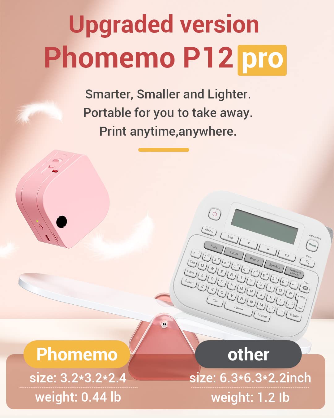 Phomemo Label Maker Machine with Tape, P12 Pro Portable Bluetooth Label Printer, Small Smart Phone Handheld Sticker Mini Labeler Multiple Templates Easy to Use Inkless Rechargeable Office Home- Pink