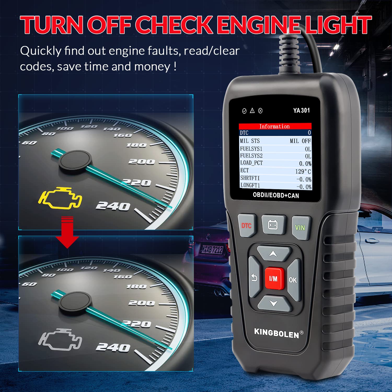 OBD2 Scanner,Car Code Reader Check Engine Light Auto OBD-II CAN Diagnostic Scan Tool with Live Data,10 OBDII Test Modes, Lifetime Free Upgrade (YA-301). Black