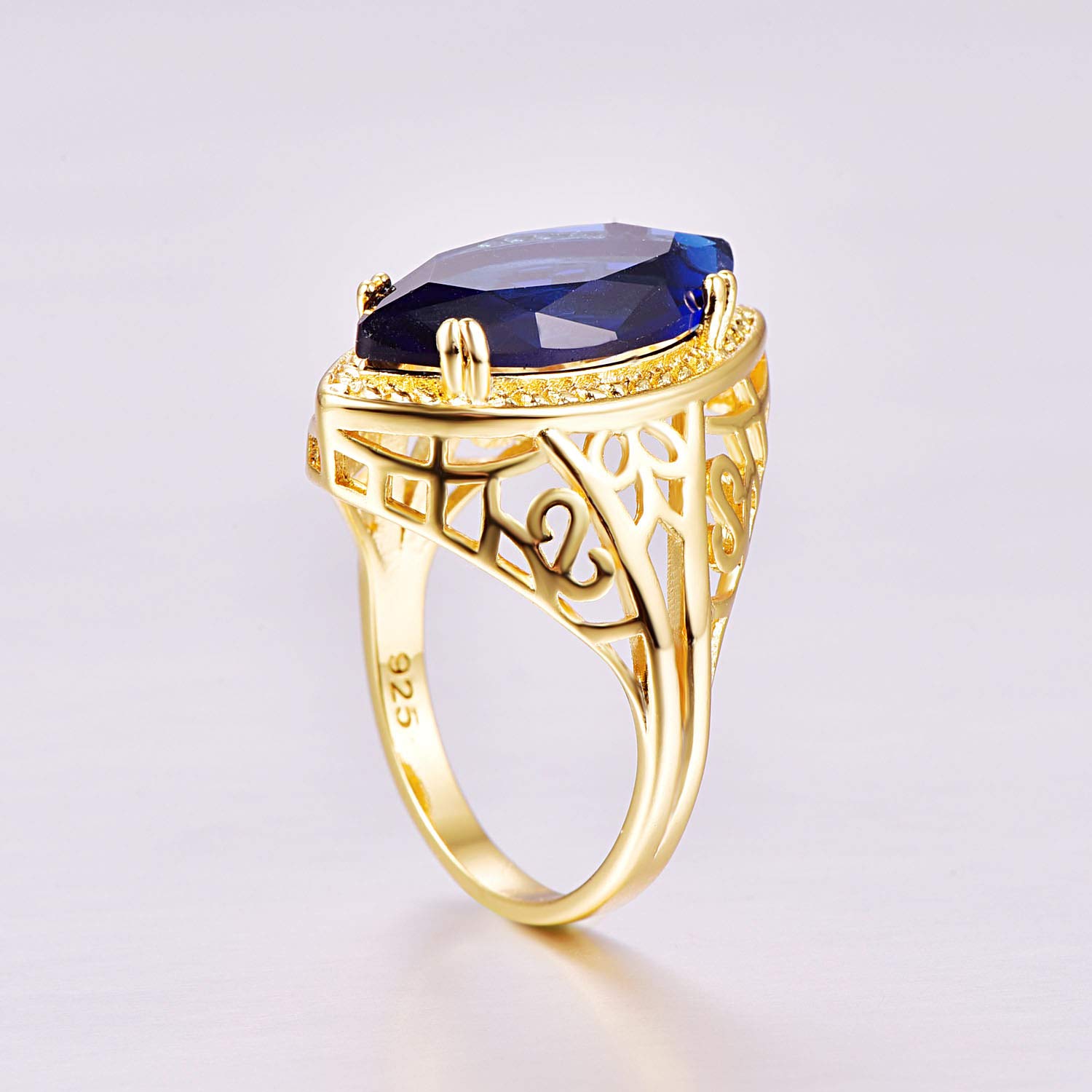 Psiroy Yellow Gold Plated Marquise Cut Simulated Blue Sapphire Quatrz Statement Ring for Women Size 7
