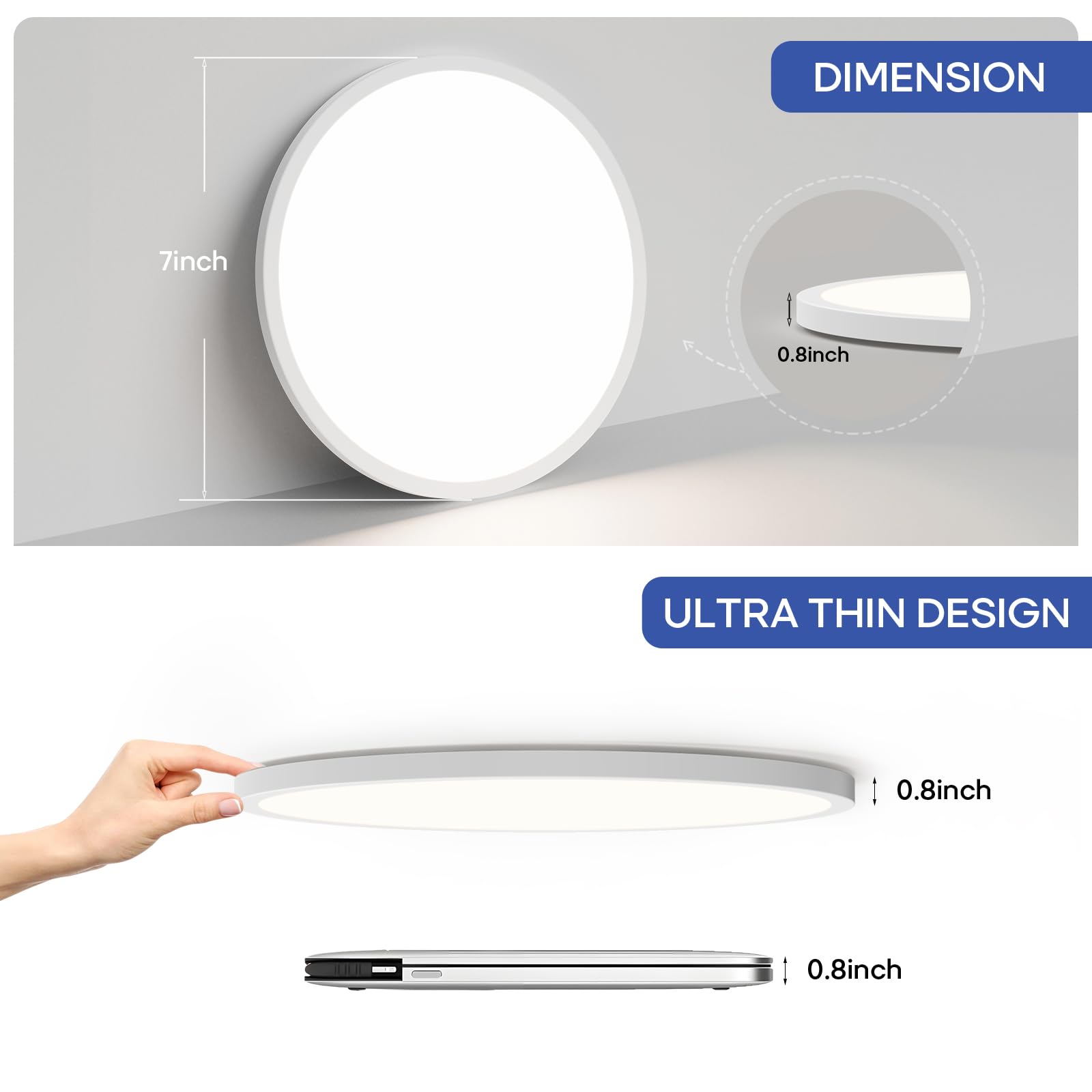 Omovoso Dimmable LED Flush Mount Ceiling Light Fixture,7 Inch Ultra-Thin Kitchen Lights Ceiling Flush Mount,15W Closet Light Fixture,3000K-6000K Low Profile Ceiling Light for Bedroom 2PC