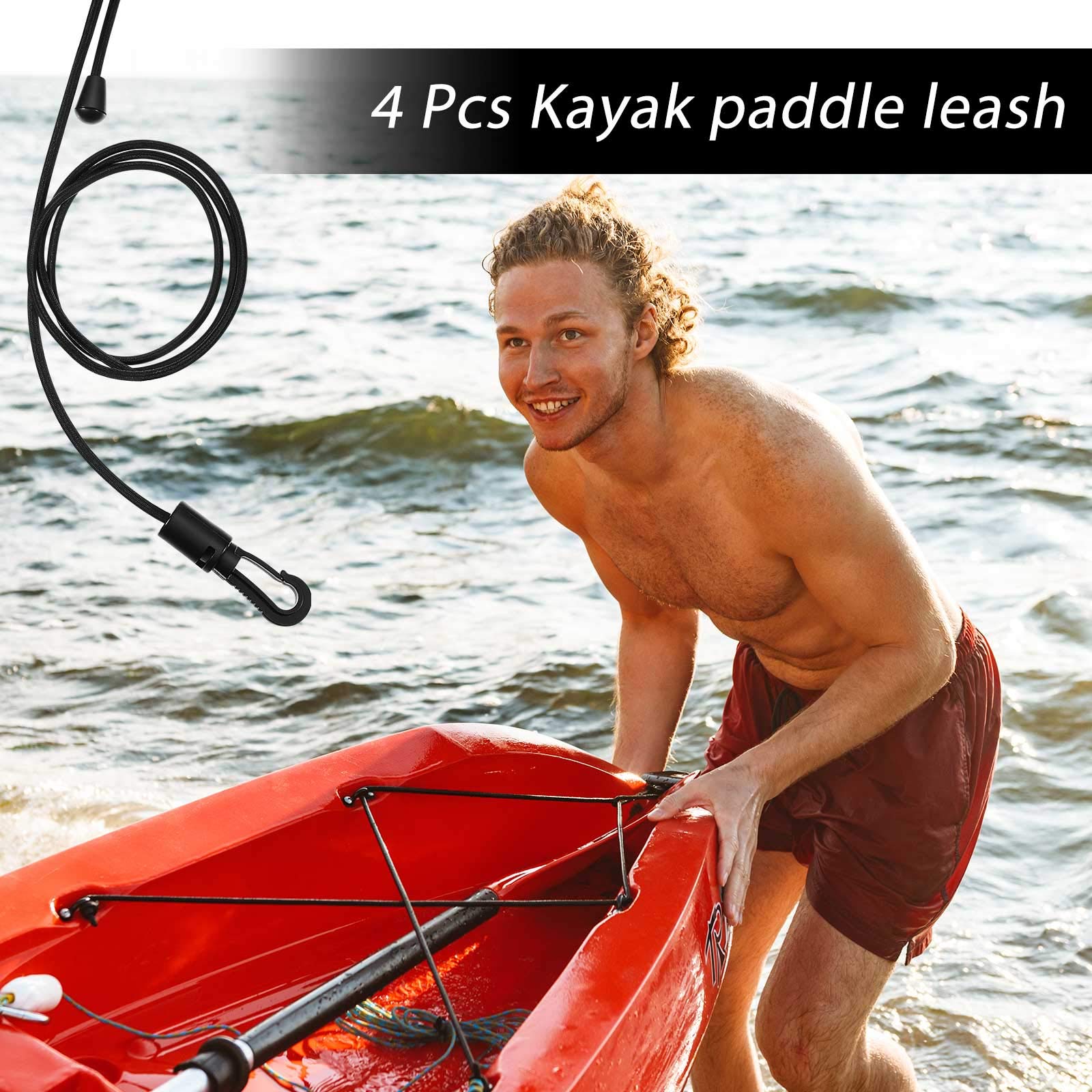 Sumind 4 Pieces Kayak Paddle Leash Adjustable Kayak Rod Leash Durable Nylon Fishing Paddle Leash with Clasp (Black)