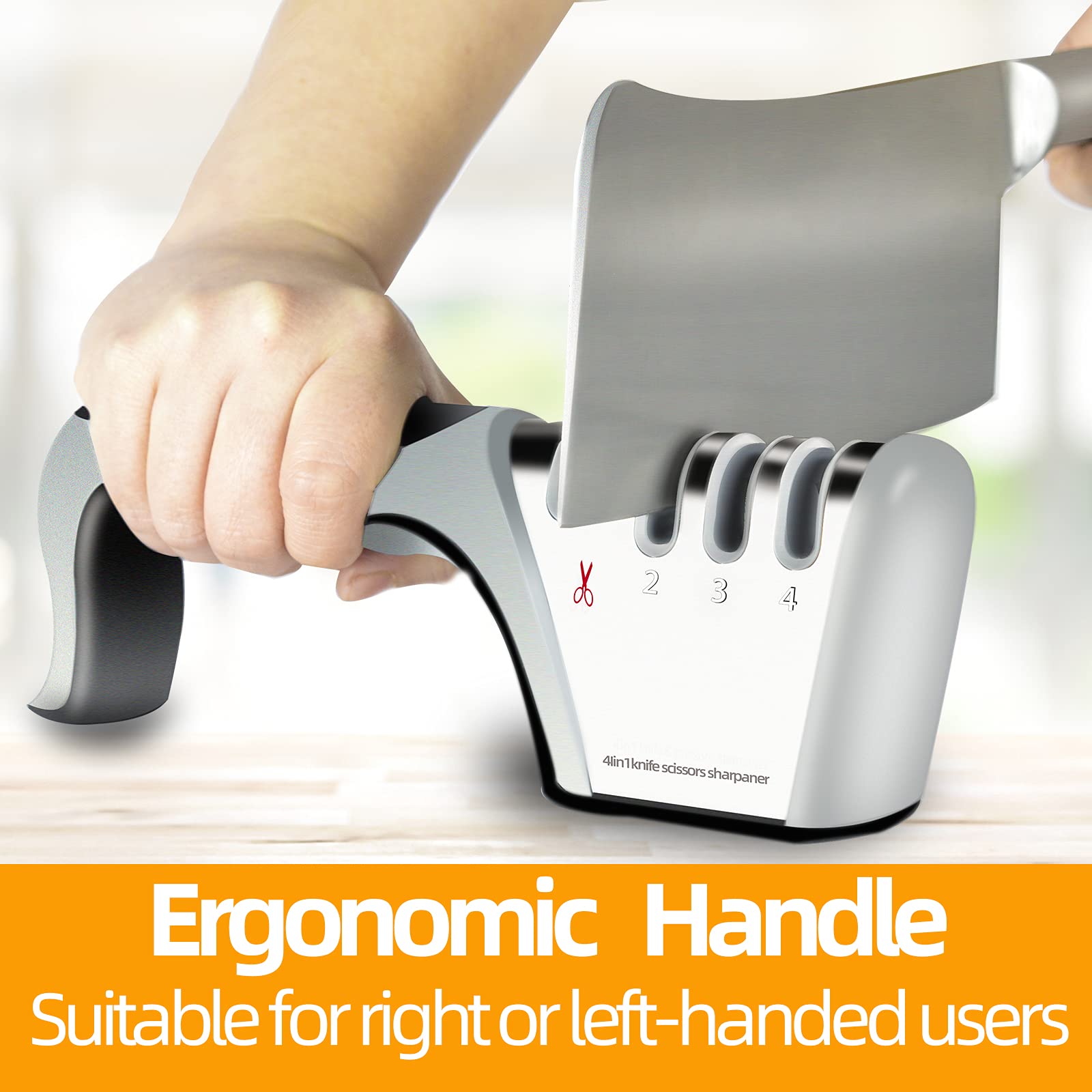 The 4-stage kitchen knife sharpener is easy to use, can sharpen scissors and steel knives quickly, and is as sharp as new after use. (gray)