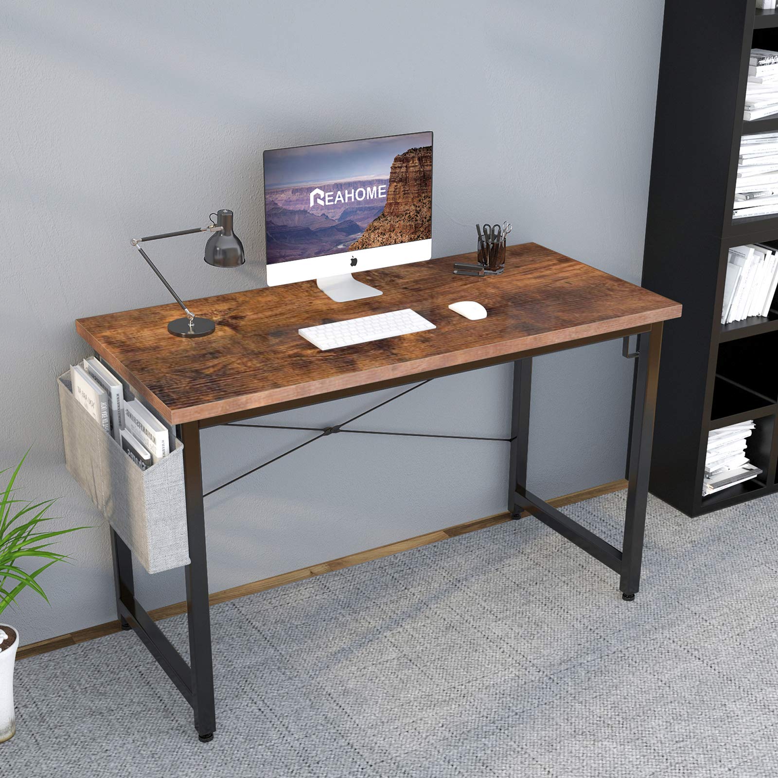 REAHOME Computer Desks 47 inch for Home Office Writing Table Bedroom Desks with Storage Bag and Iron Hook Modern Simple Style for Small Spaces（Rustic Brown）