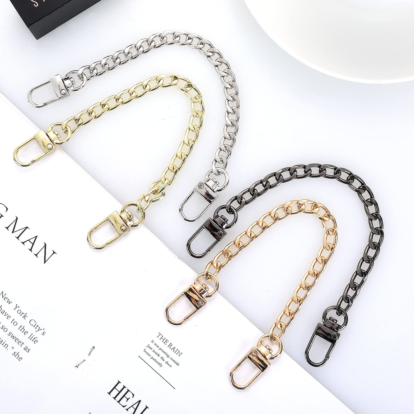 WLLHYF 4PCS DIY Iron Flat Chain Strap 7.87 Inch Purse Chain Strap Flat Wallet Handbag Accessories Charms Decoration Shoulder Bag Replacement Chain for Keys Wallet Purse Handbags Shoulder Bag